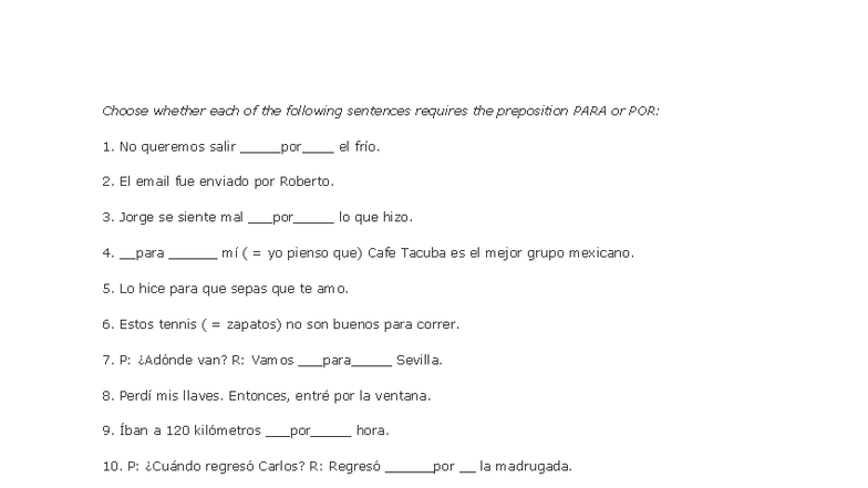 Por vs Para Worksheet 3 - Prepositions Practice - Studocu