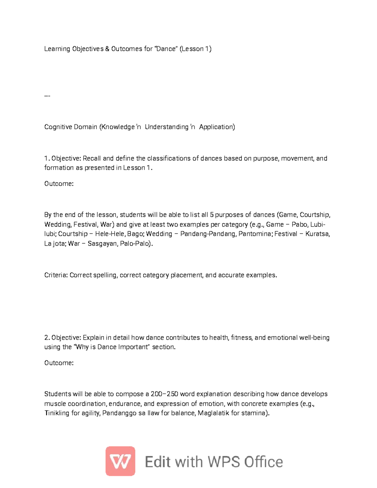 Cognitive & Affective Learning Outcomes for Lesson 1: Dance Education ...