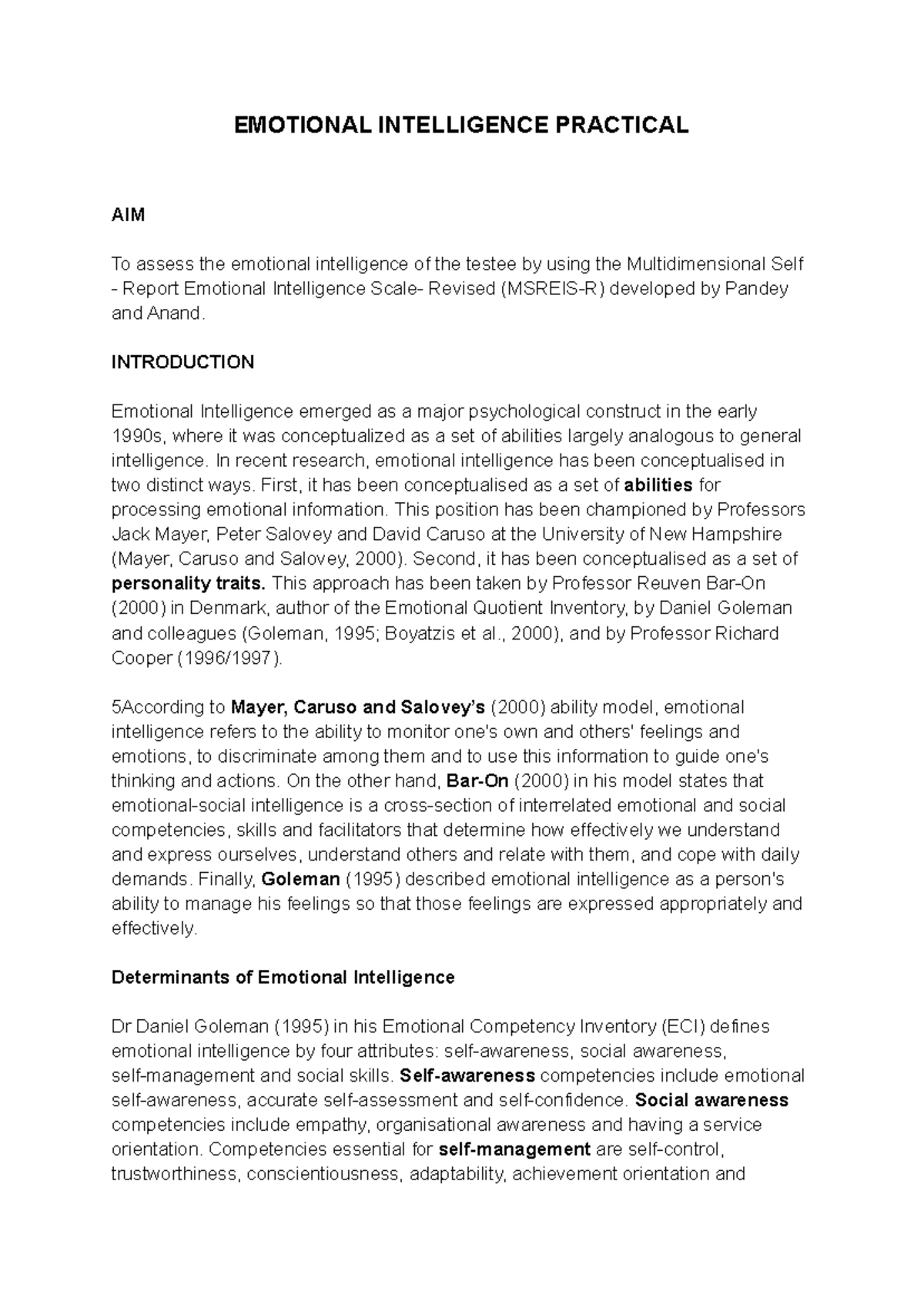 Emotional Intelligence Practical Assessment: MSREIS-R Methodology - Studocu