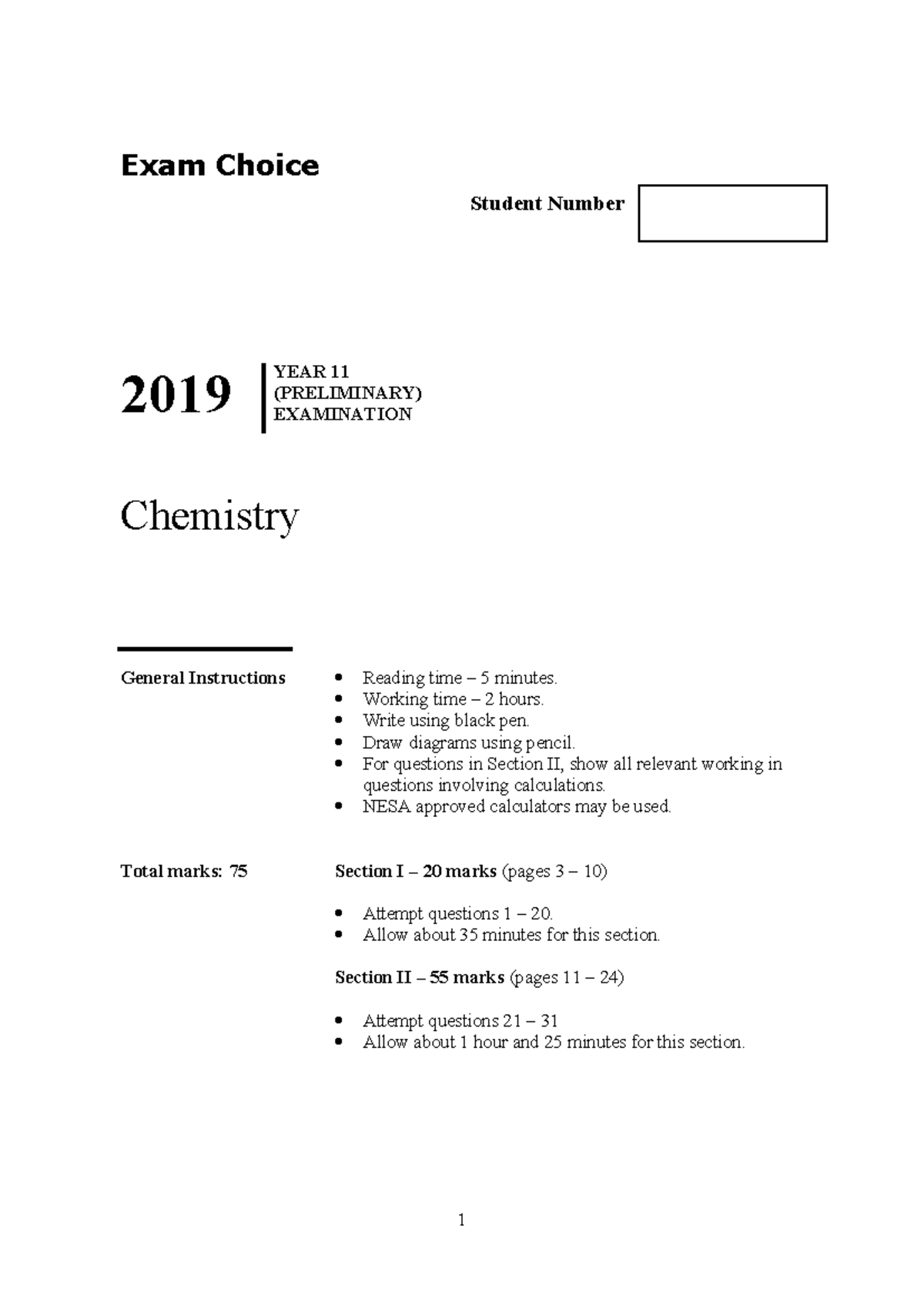 Chemistry Year 11 2019 Preliminary Exam Choice Guide - Studocu