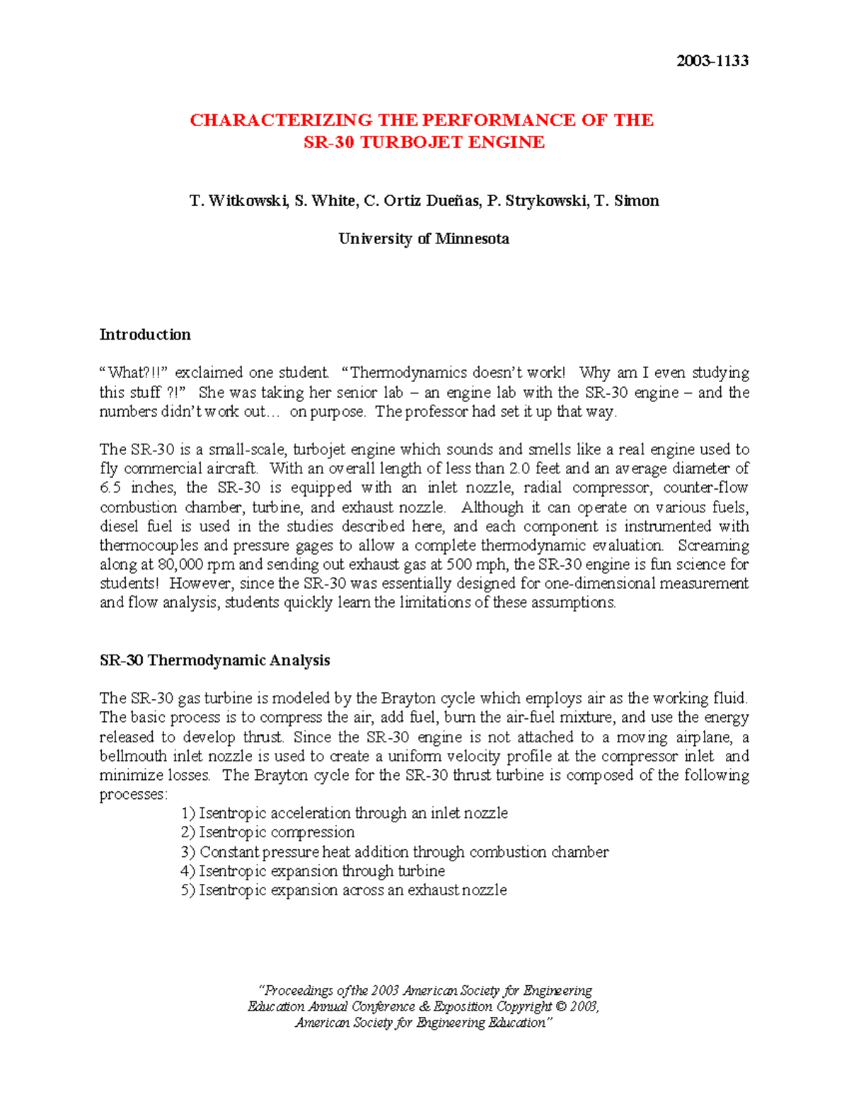 Univ of Minnesota - Characterizing Performance of the SR-30 Turbojet ...