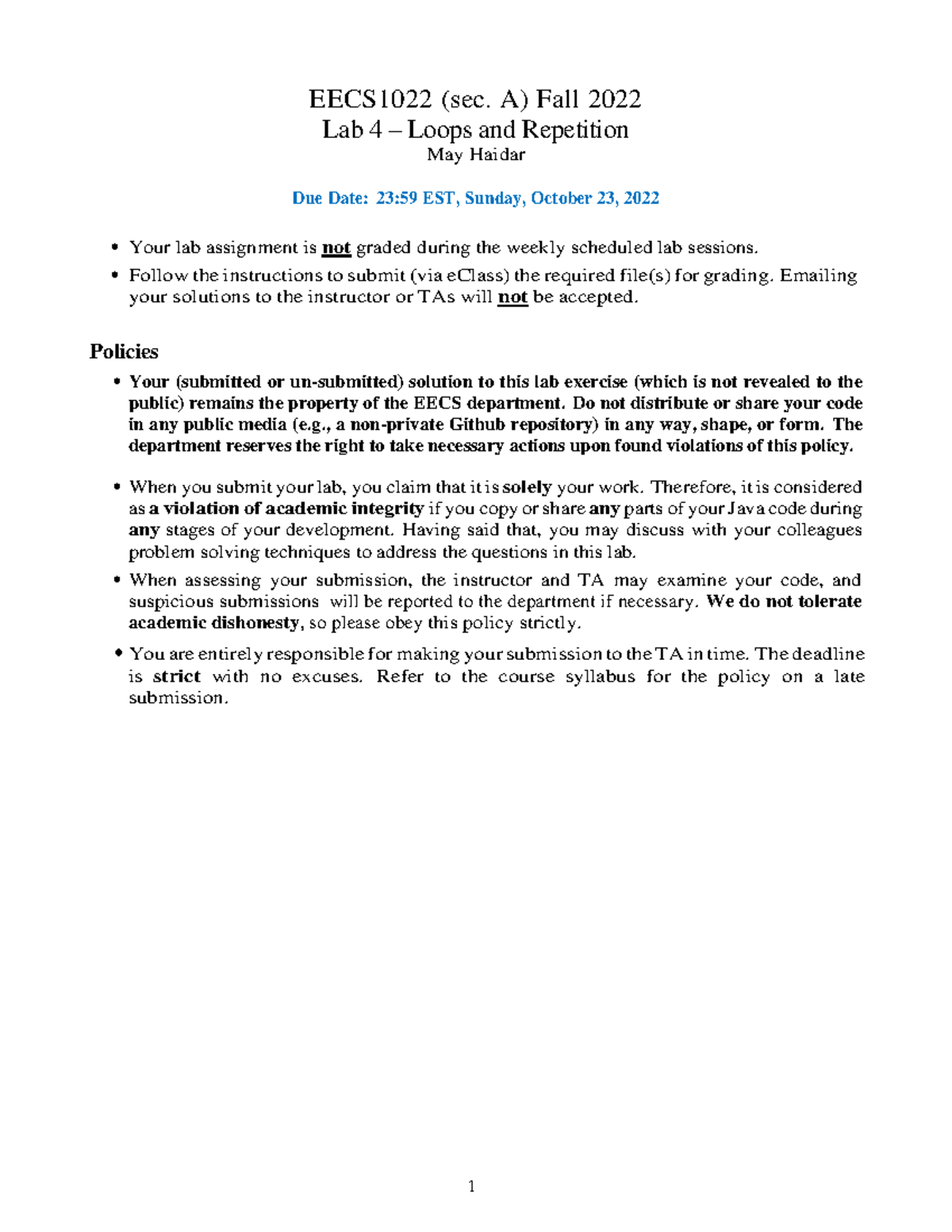 EECS1022 F22 Lab 4 - Java Loops & Repetition Guidelines - Studocu