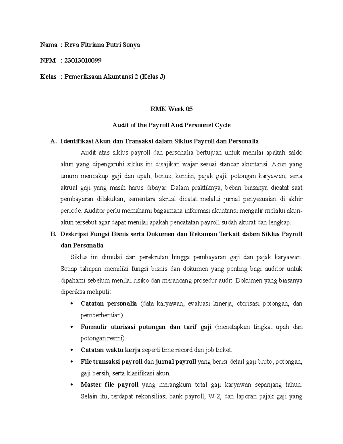 PA2 RMK Week 05: Audit of Payroll and Personnel Cycle - Studocu