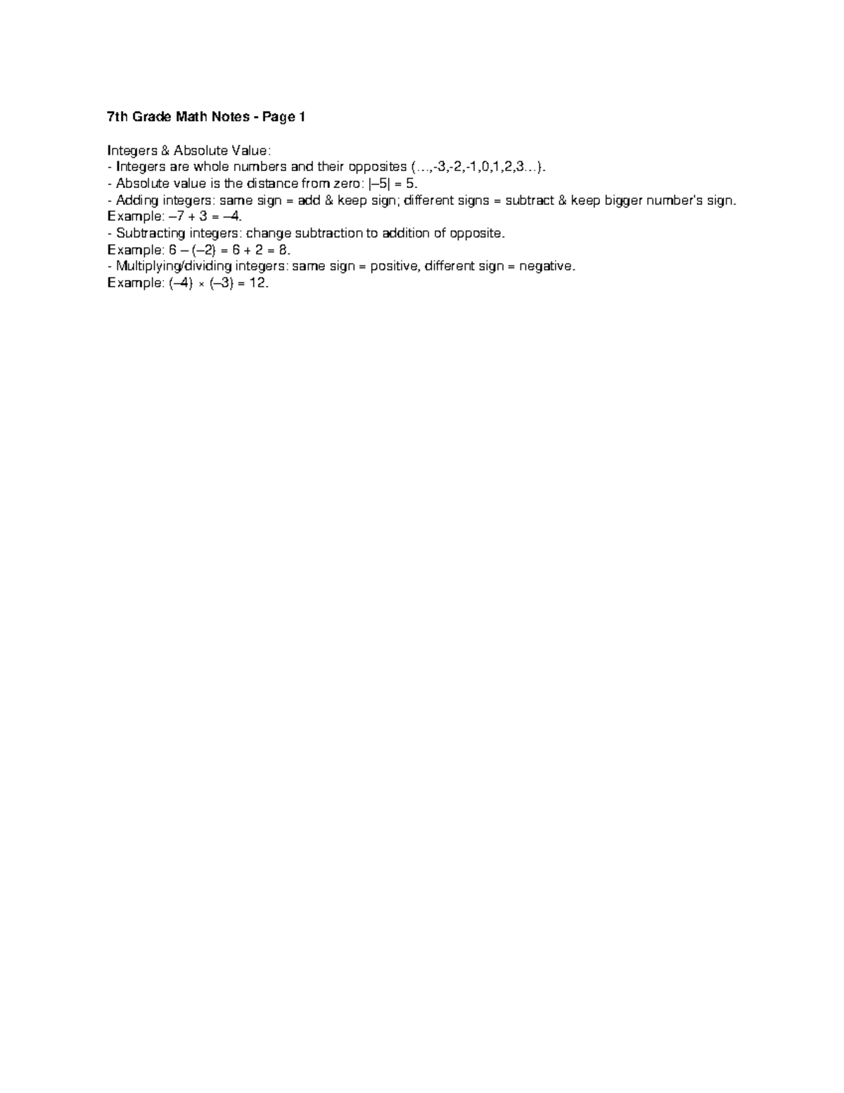 7th Grade Math Notes: Integers, Rational Numbers & Geometry - Studocu