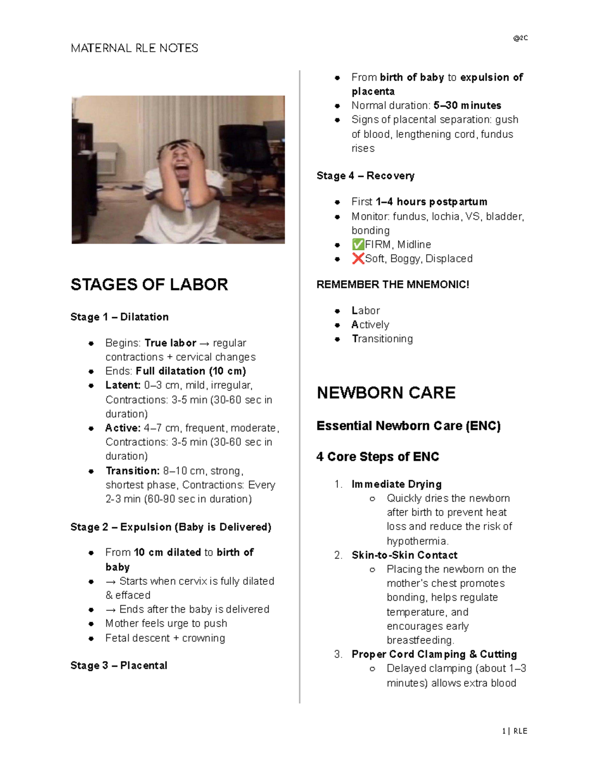 RLE MATERNAL NOTES: Stages of Labor & Newborn Care Essentials - Studocu