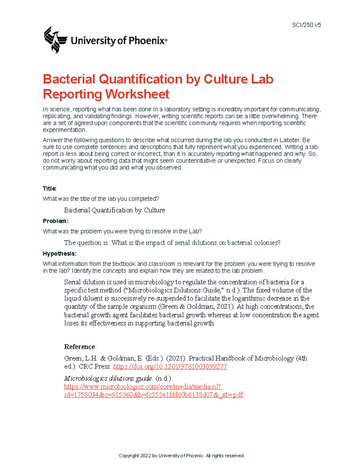 SCI/250 v5 Wk3 Lab Report: Bacterial Quantification by Culture Analysis - Studocu