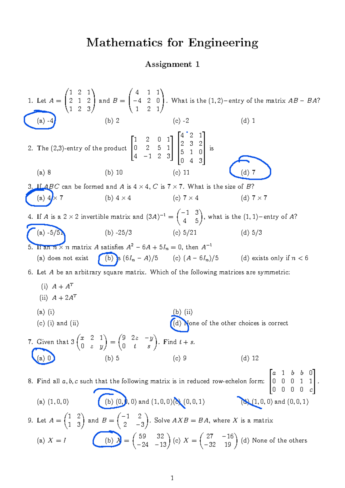 Assignment No1 MAE 101 - Linear Algebra - Mathematics for Engineering ...