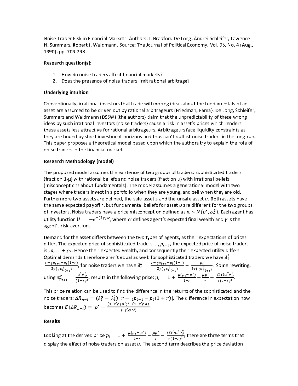 Noise Trader Risk in Financial Markets: A Summary Analysis - Studeersnel