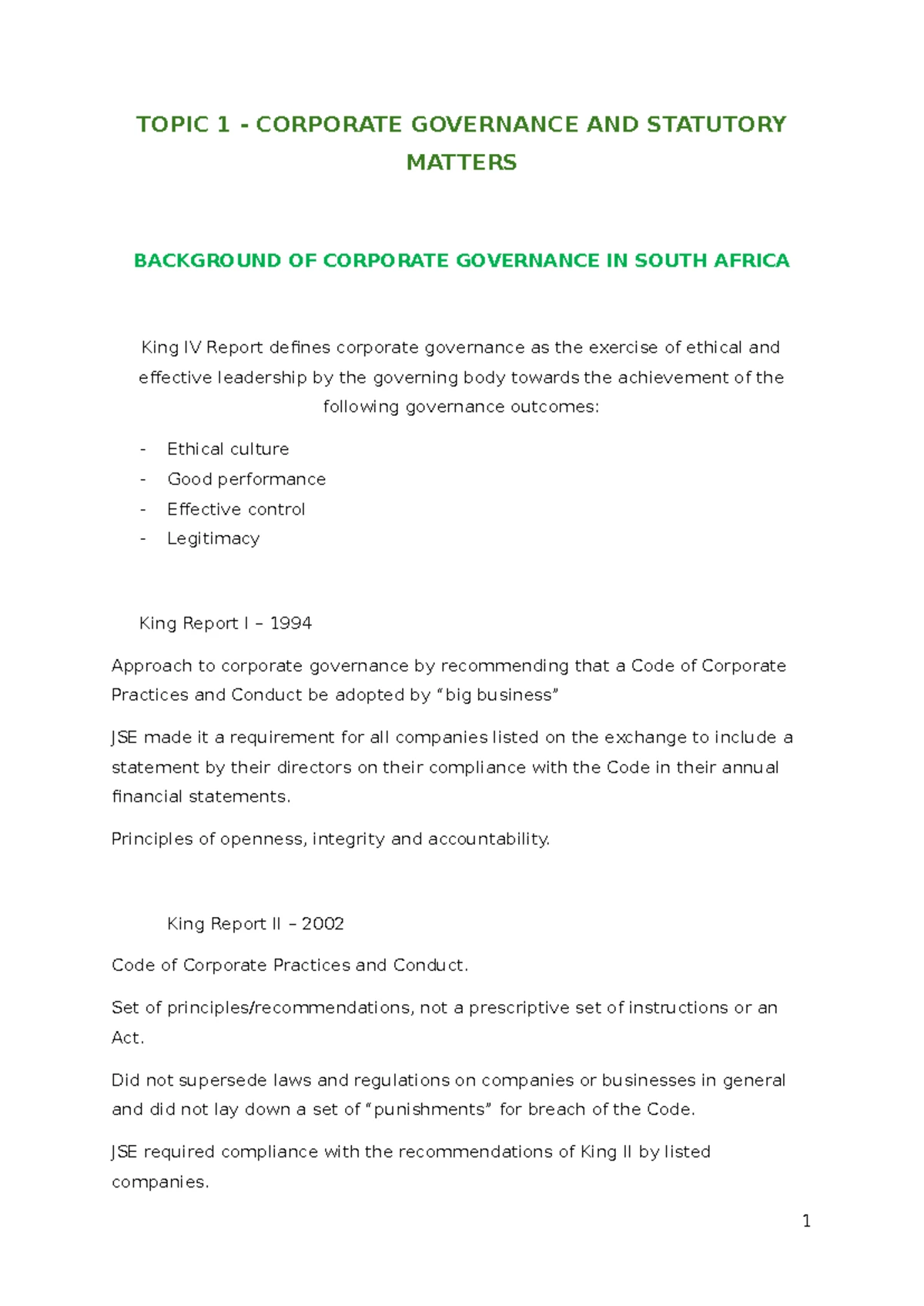 Corporate Governance and Statutory Matters - Topic 1 Overview - Studocu