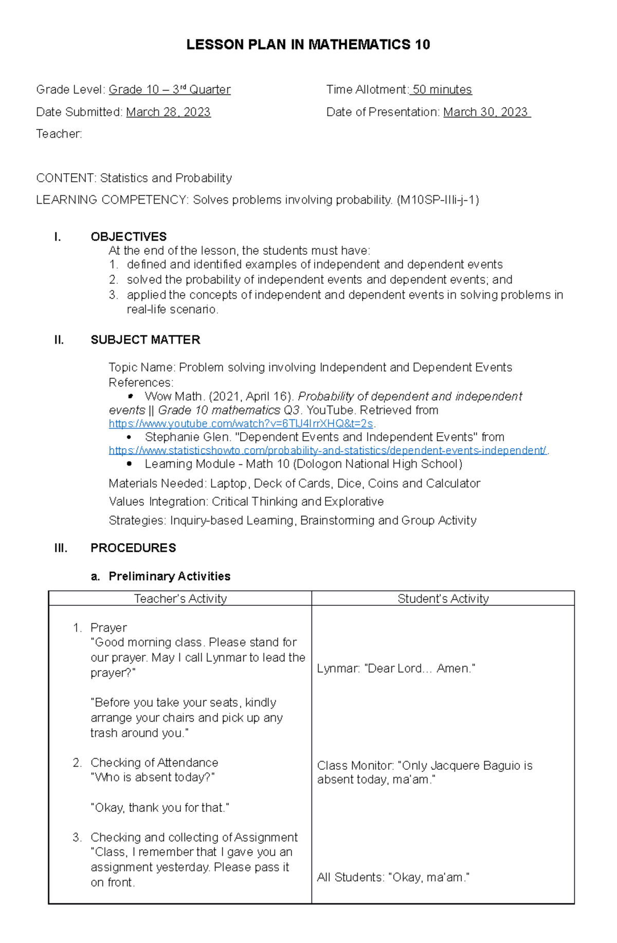 Problem solving involving Independent and Dependent Events - LESSON ...