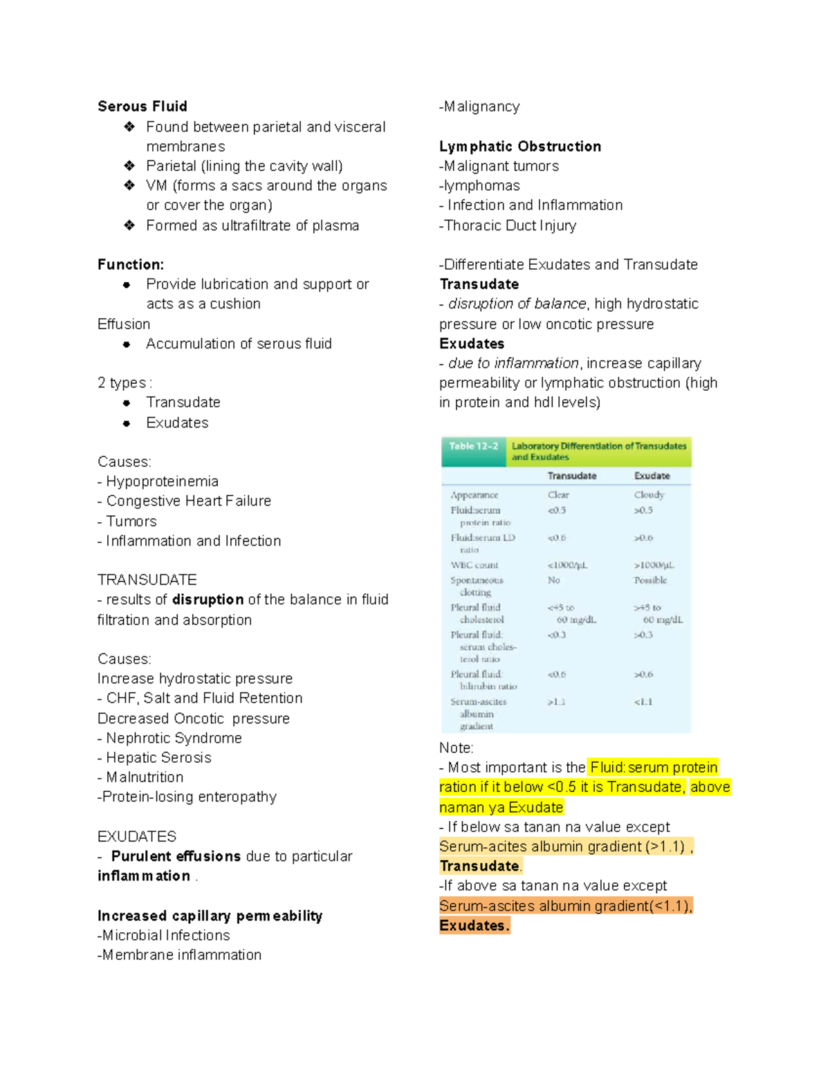 Serous Fluid Analysis: Understanding Transudates and Exudates - Studocu