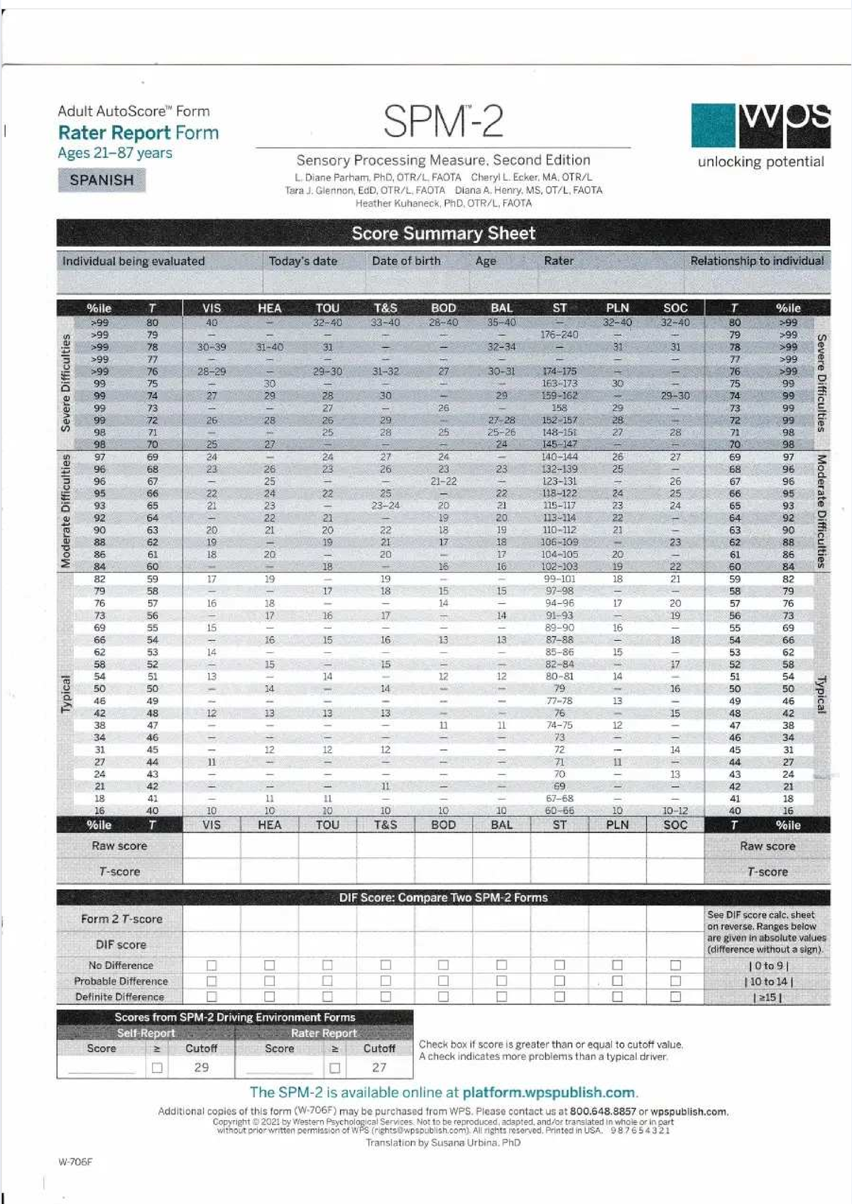 Rater Report Form for Ages 21-87: Sensory Processing Measure 2nd Ed ...