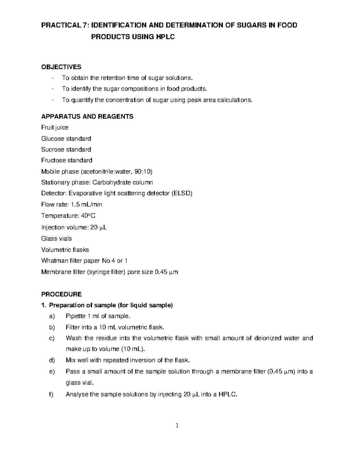 PRACTICAL 7: SUGAR IDENTIFICATION & QUANTIFICATION USING HPLC - Studocu