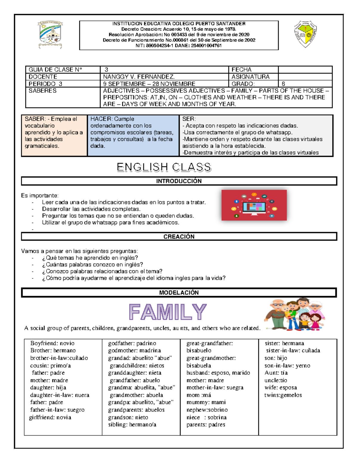 Guía No. 4: La Familia - Taller N de 1 (Grado 6) - Studocu