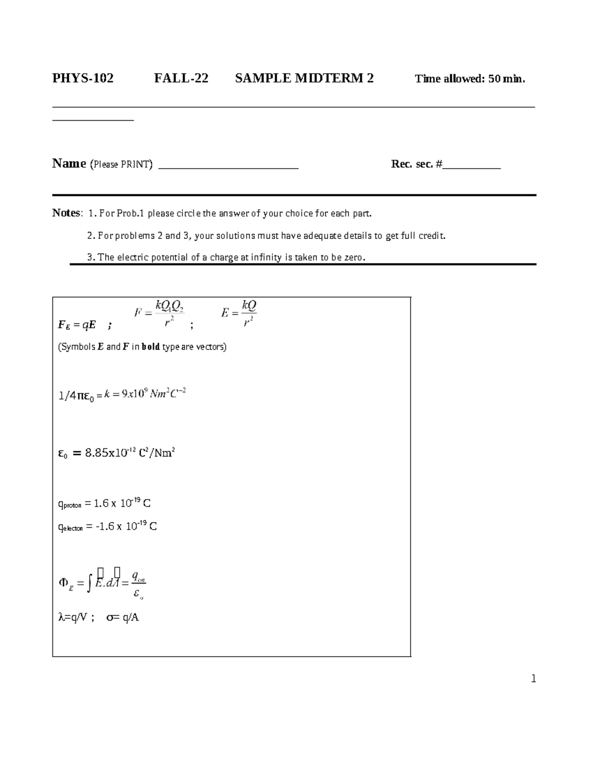 Physics 102 Sample Midterm 2: Fall 22 Exam Prep Guide - Studocu