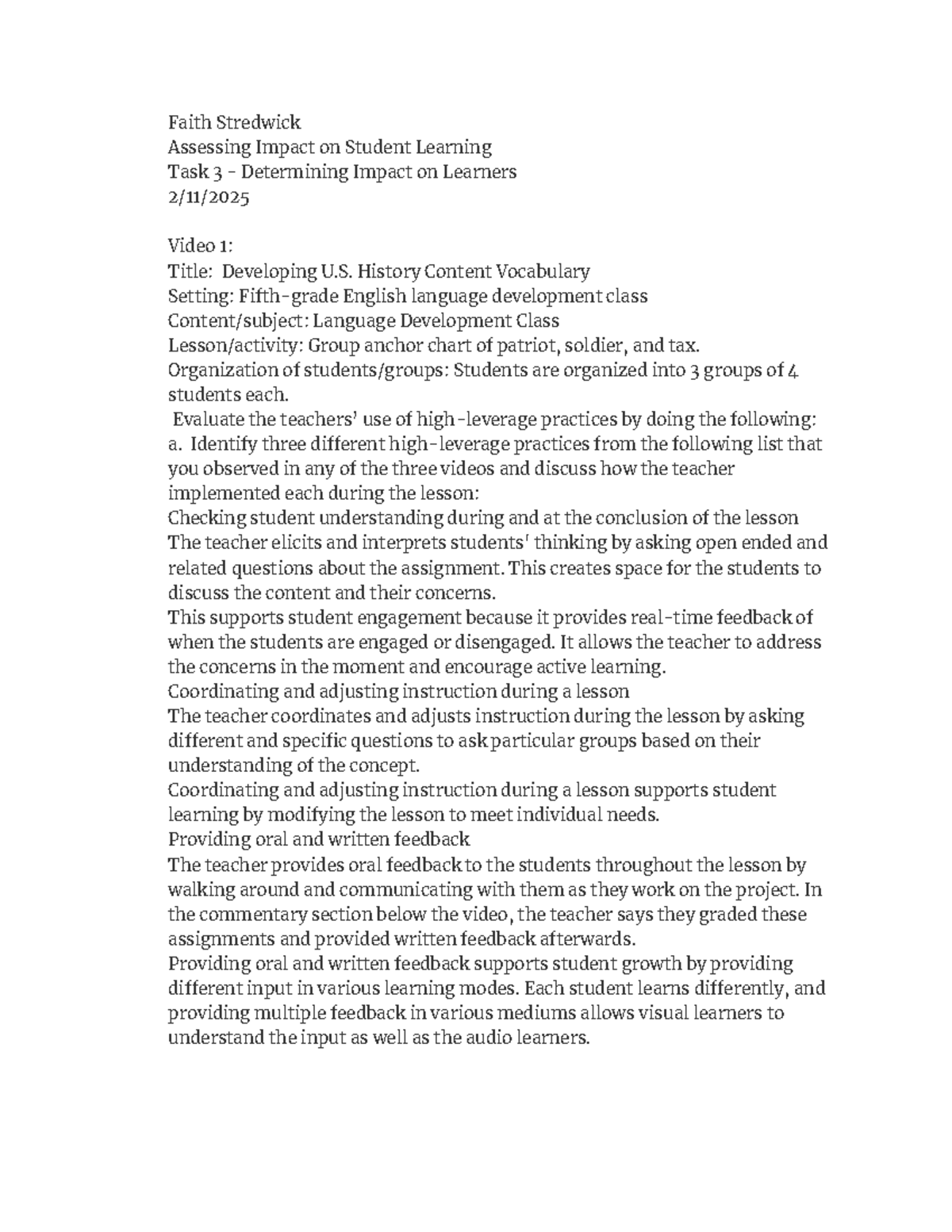 D093 Task 3: Assessing Impact on Student Learning Through Video Analysis - Studocu