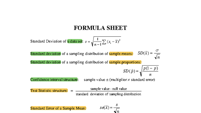 Final Exam Formula Sheet for Statistics (STAT 101) - Studocu