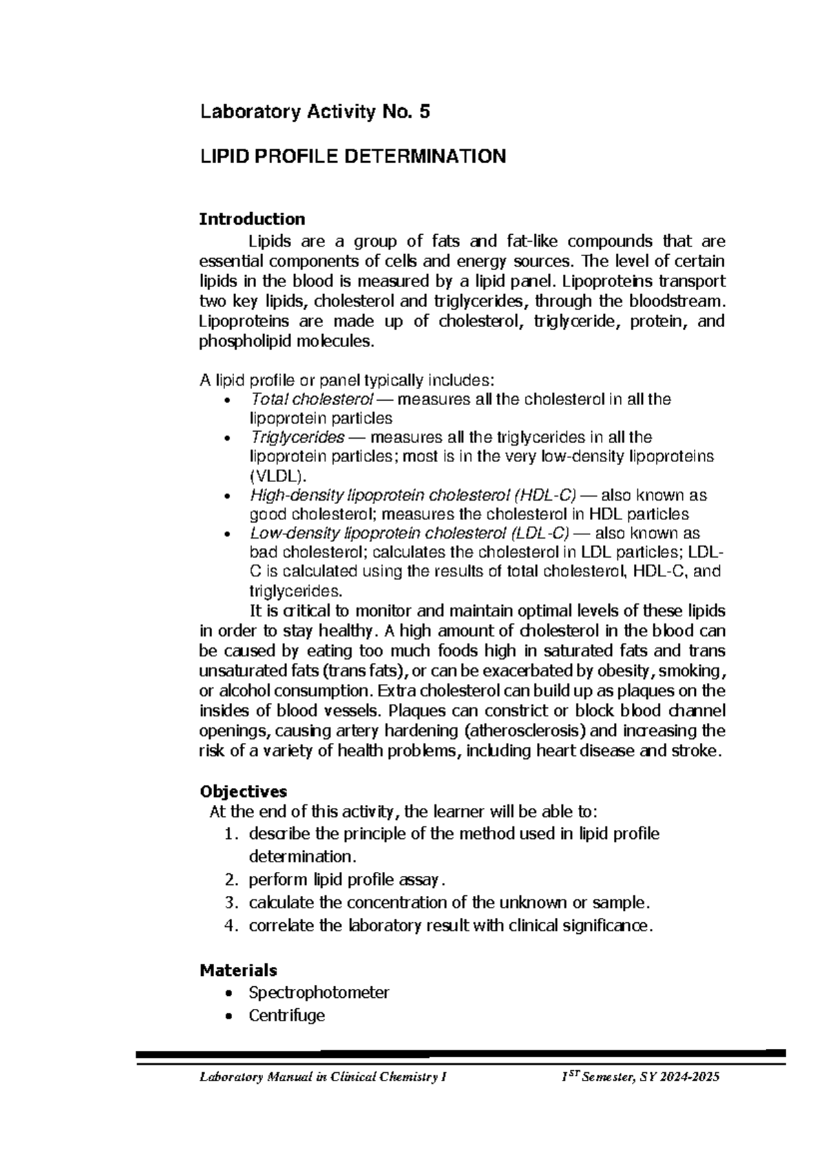 Laboratory Activity No. 5: Lipid Profile Determination and Analysis ...