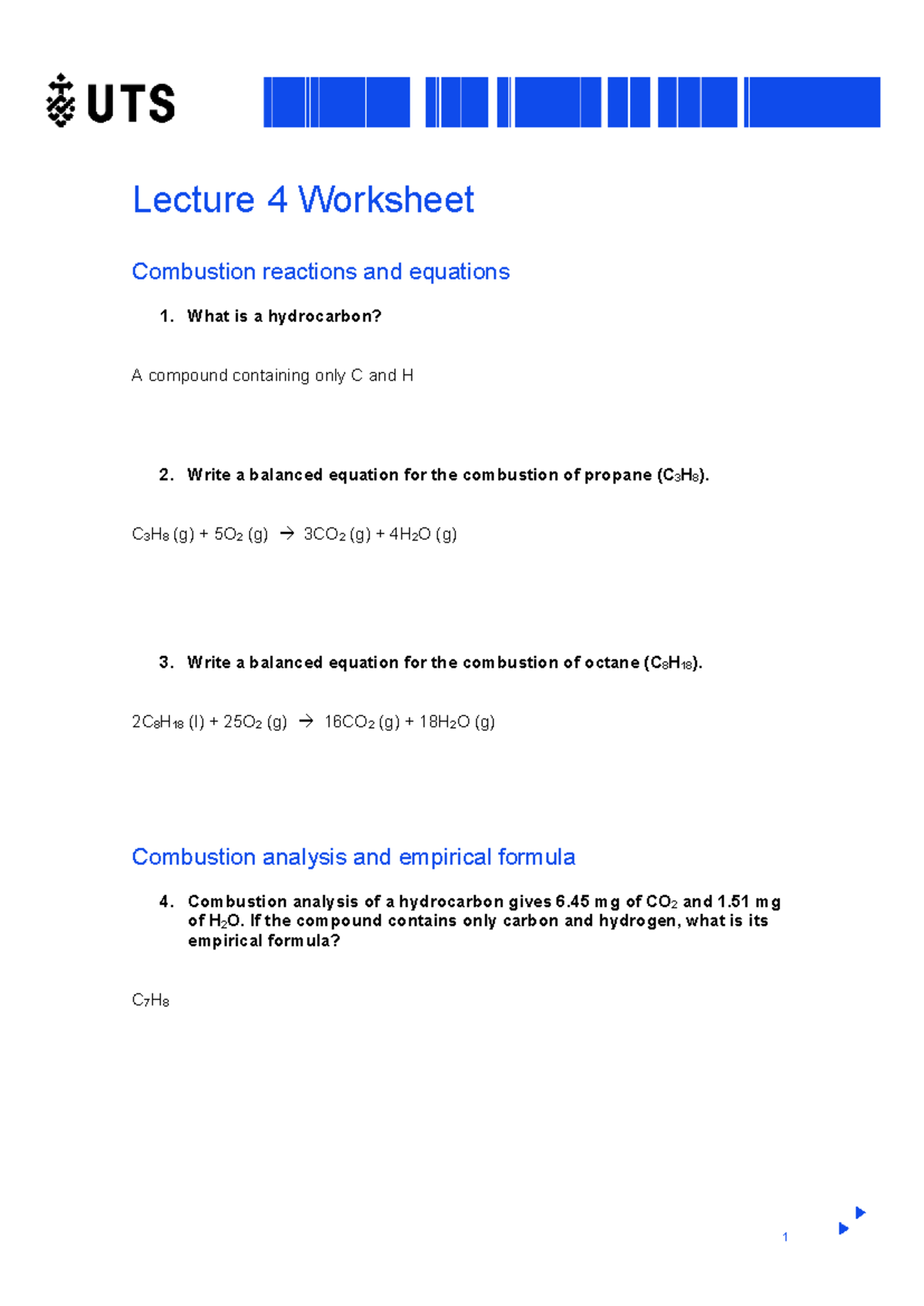 Lecture 4 Worksheet: Combustion Reactions & Equations - Studocu