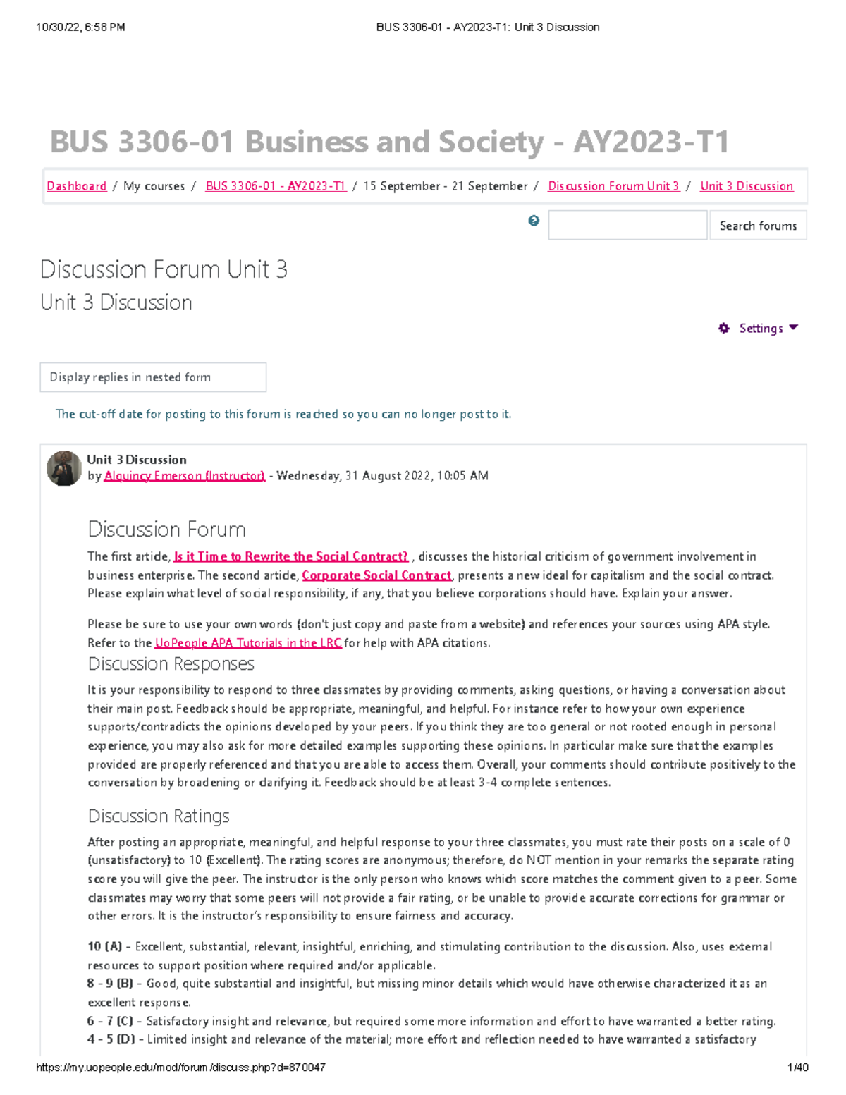 BUS 3306-01 - AY2023-T1 Unit 3 Discussion on Corporate Social ...