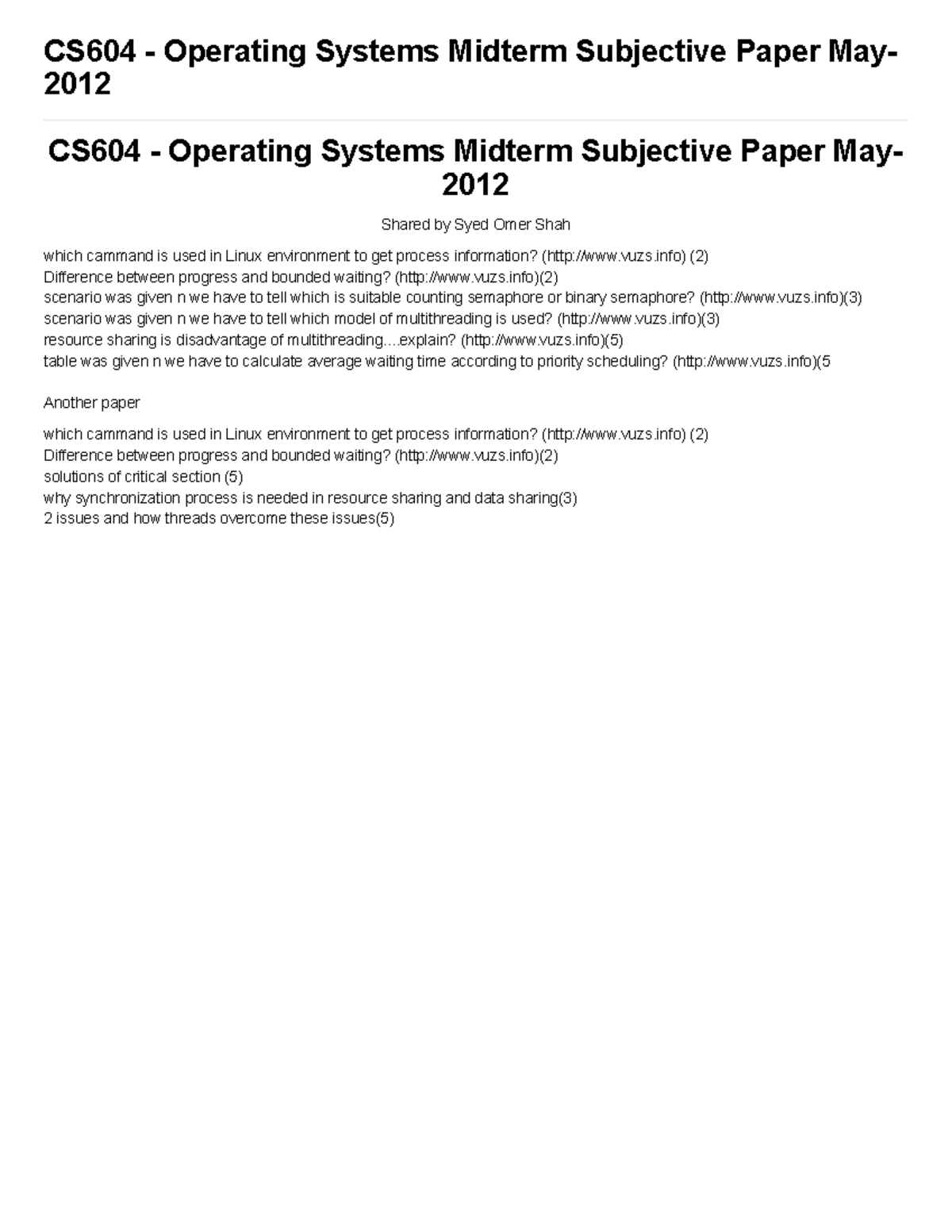 CS604 Operating Systems Midterm Subjective Paper May 2012 - Studocu