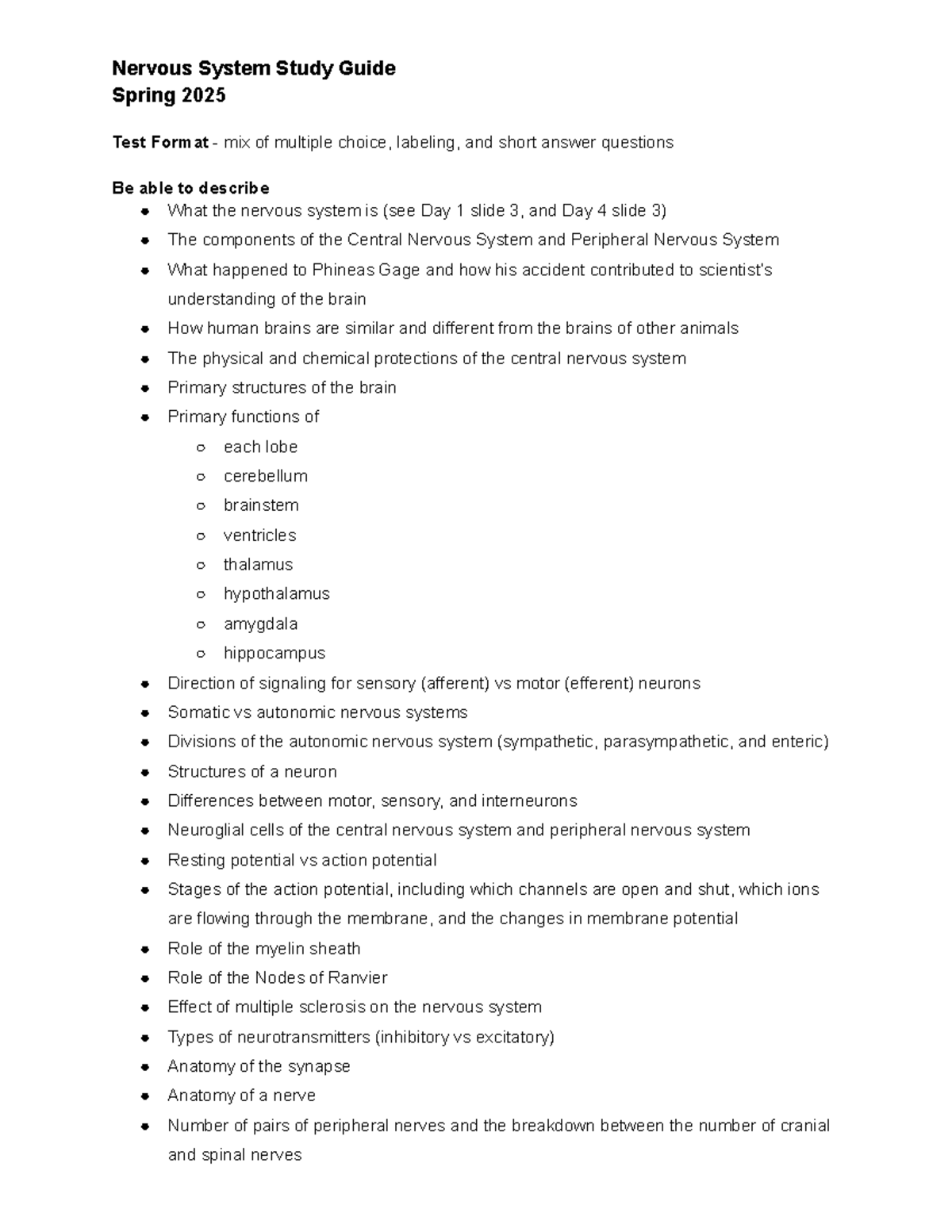 Nervous System Study Guide - Spring 2025 Exam Preparation - Nervous ...