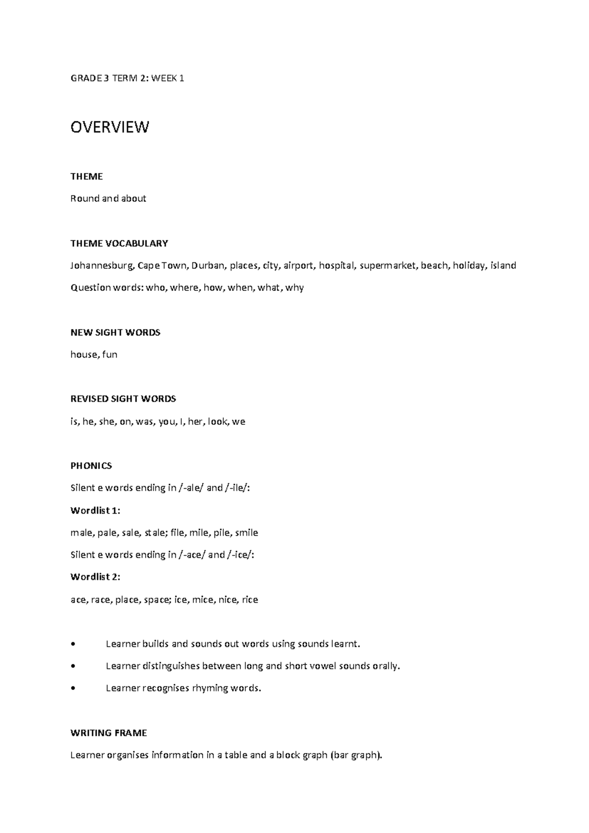 Grade 3 Term 2 EFAL Lesson Plan: Week 1 Overview and Activities - Studocu