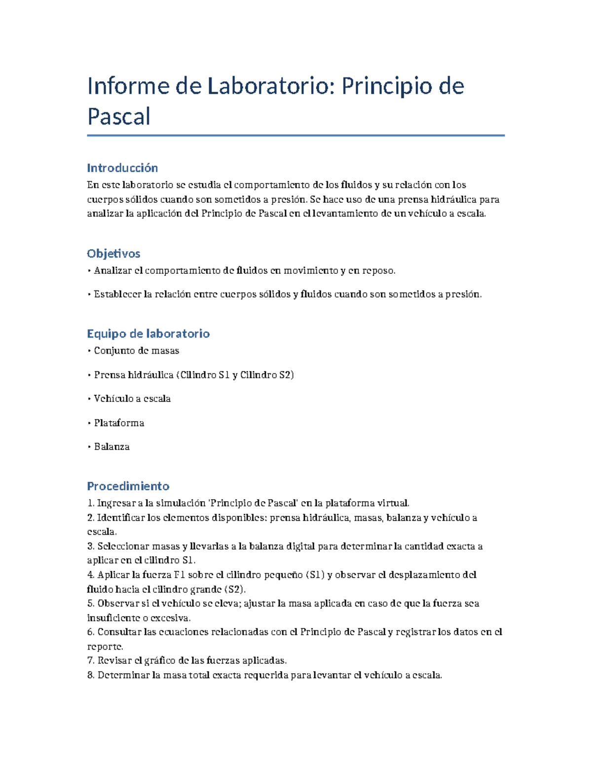 Informe de Laboratorio: Principio de Pascal y Fluidos - Studocu