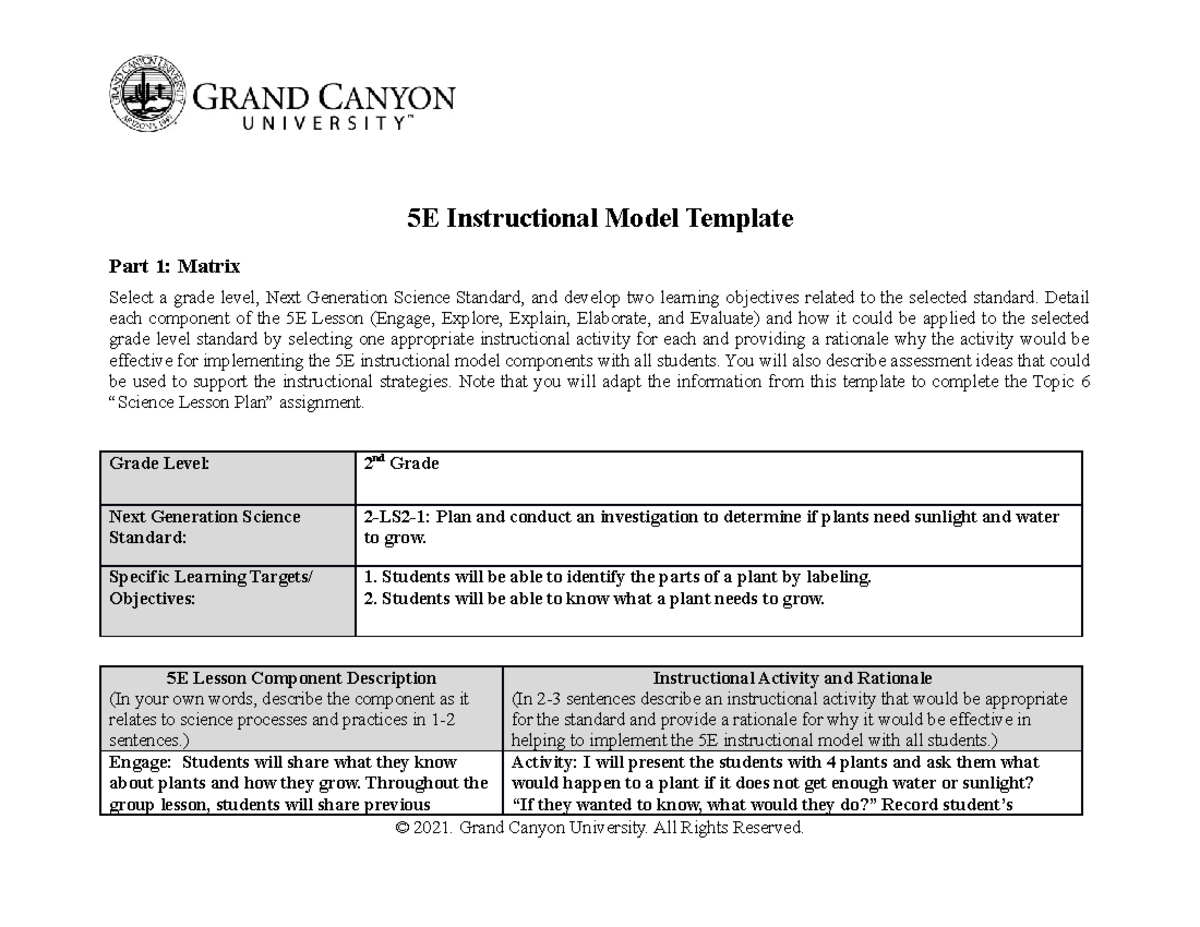ELM 361 5E Instructional Model Template for 2nd Grade Science Lesson ...
