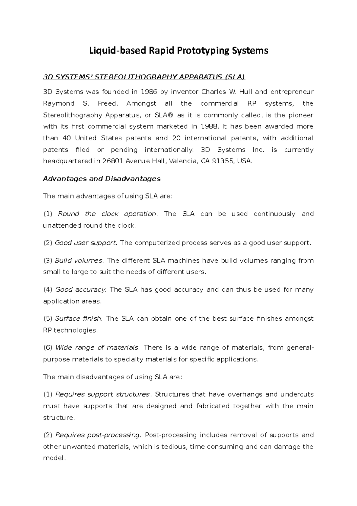 Liquid-based Rapid Prototyping Systems - Hull and entrepreneur Raymond ...