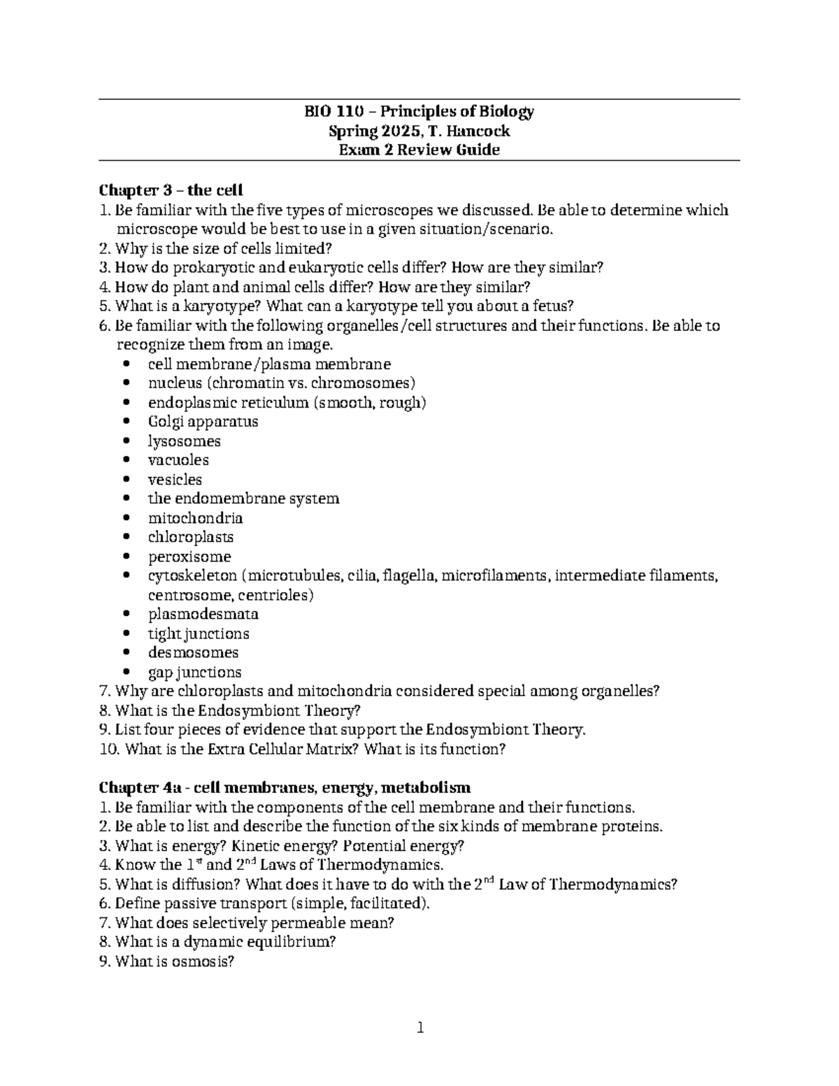 BIO 110: Exam 2 Review Guide on Cells & Cellular Processes - Studocu