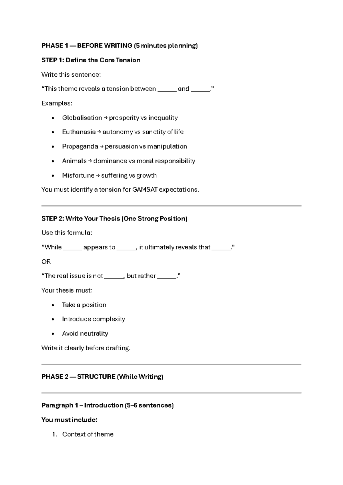GAMSAT Essay Writing Plan: Core Tension & Thesis Development - Studocu