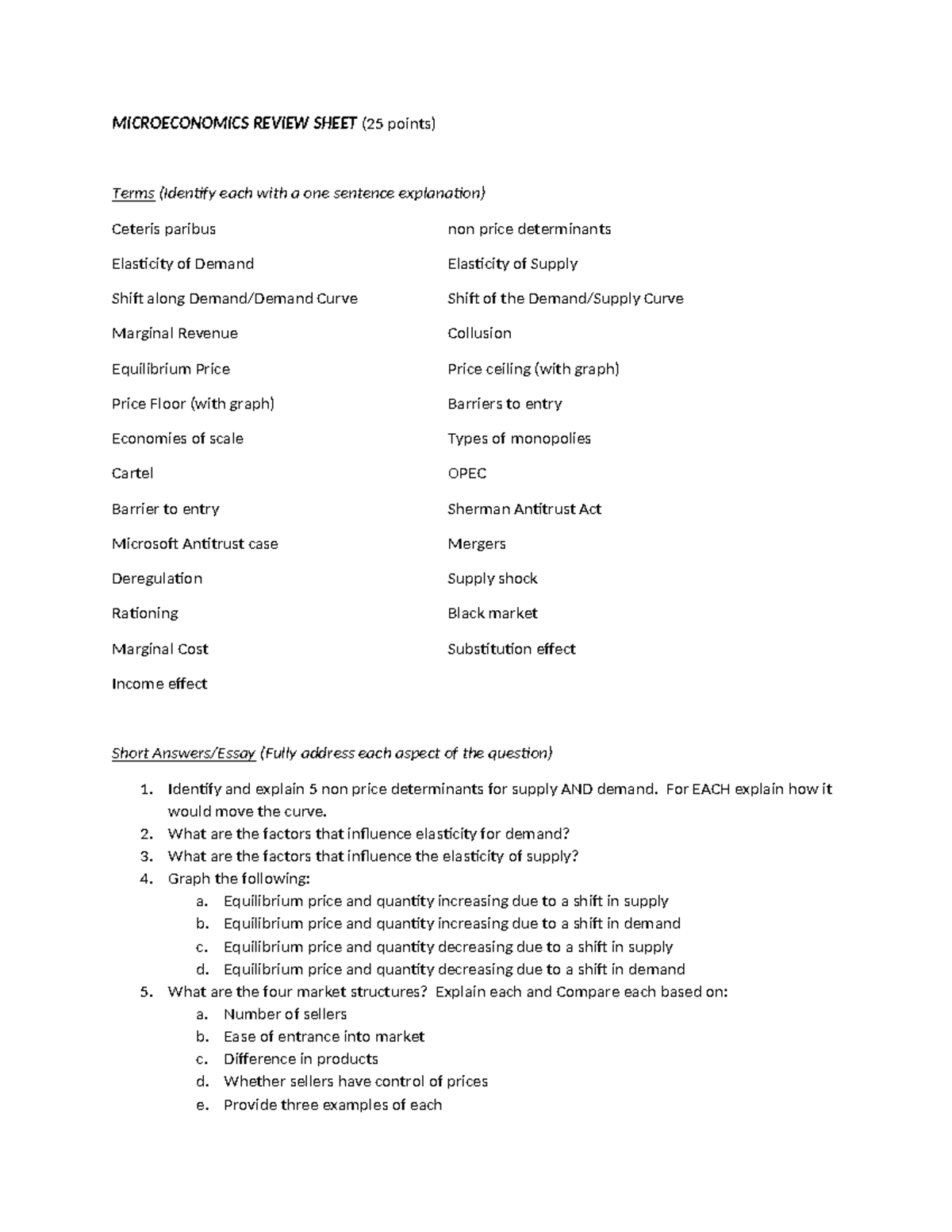 MICROECONOMICS TEST REVIEW SHEET (25 pts) - Key Terms & Concepts - Studocu