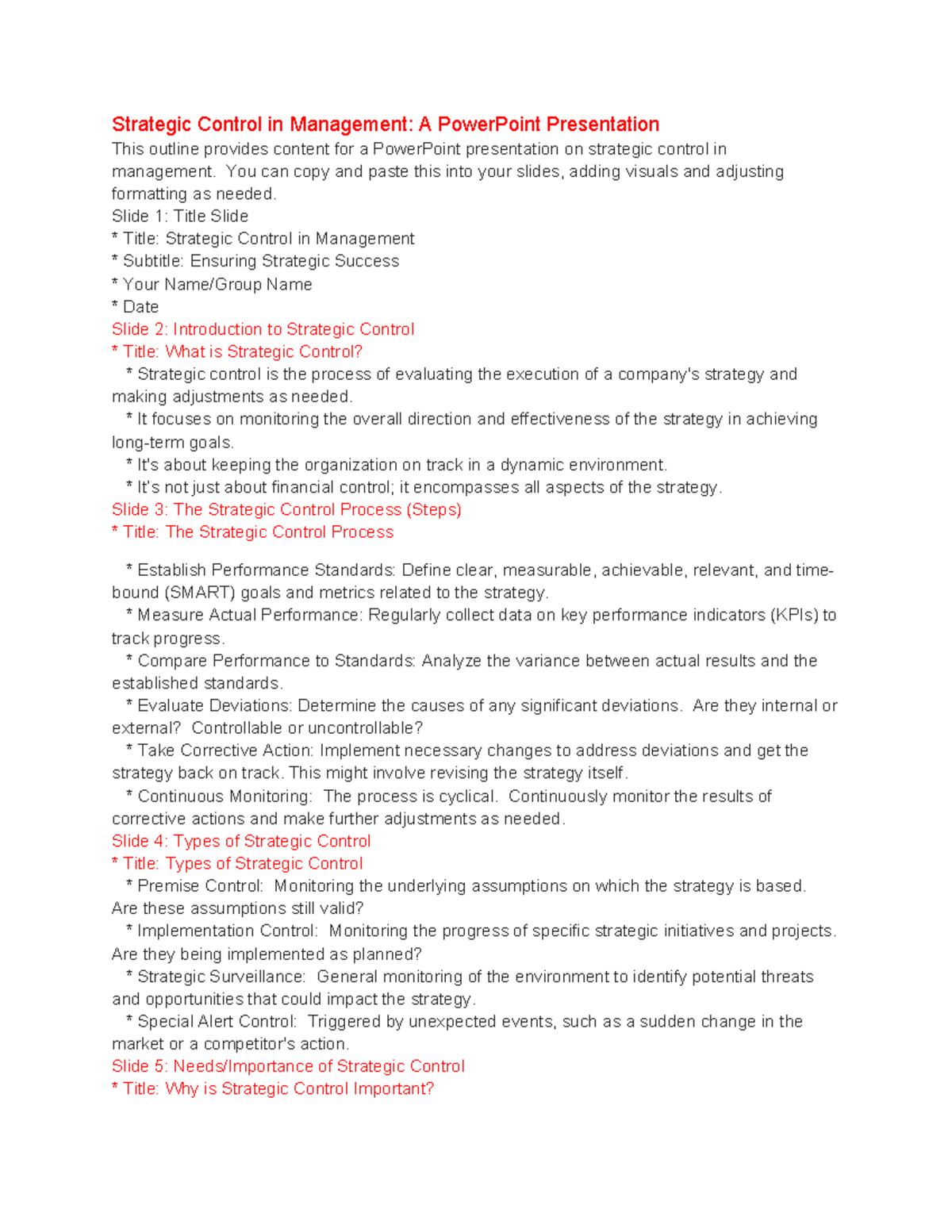 Strategic Control in Management: PowerPoint Presentation Draft - Studocu
