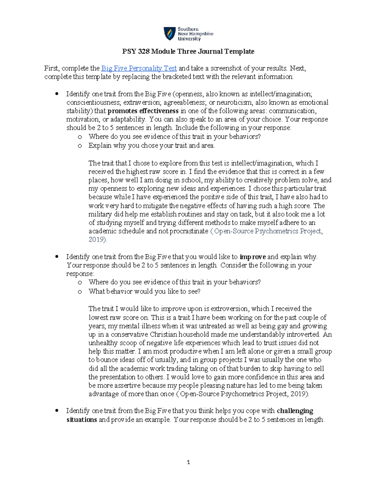PSY 328 Big Five Personality Test Reflection Journal - Studocu