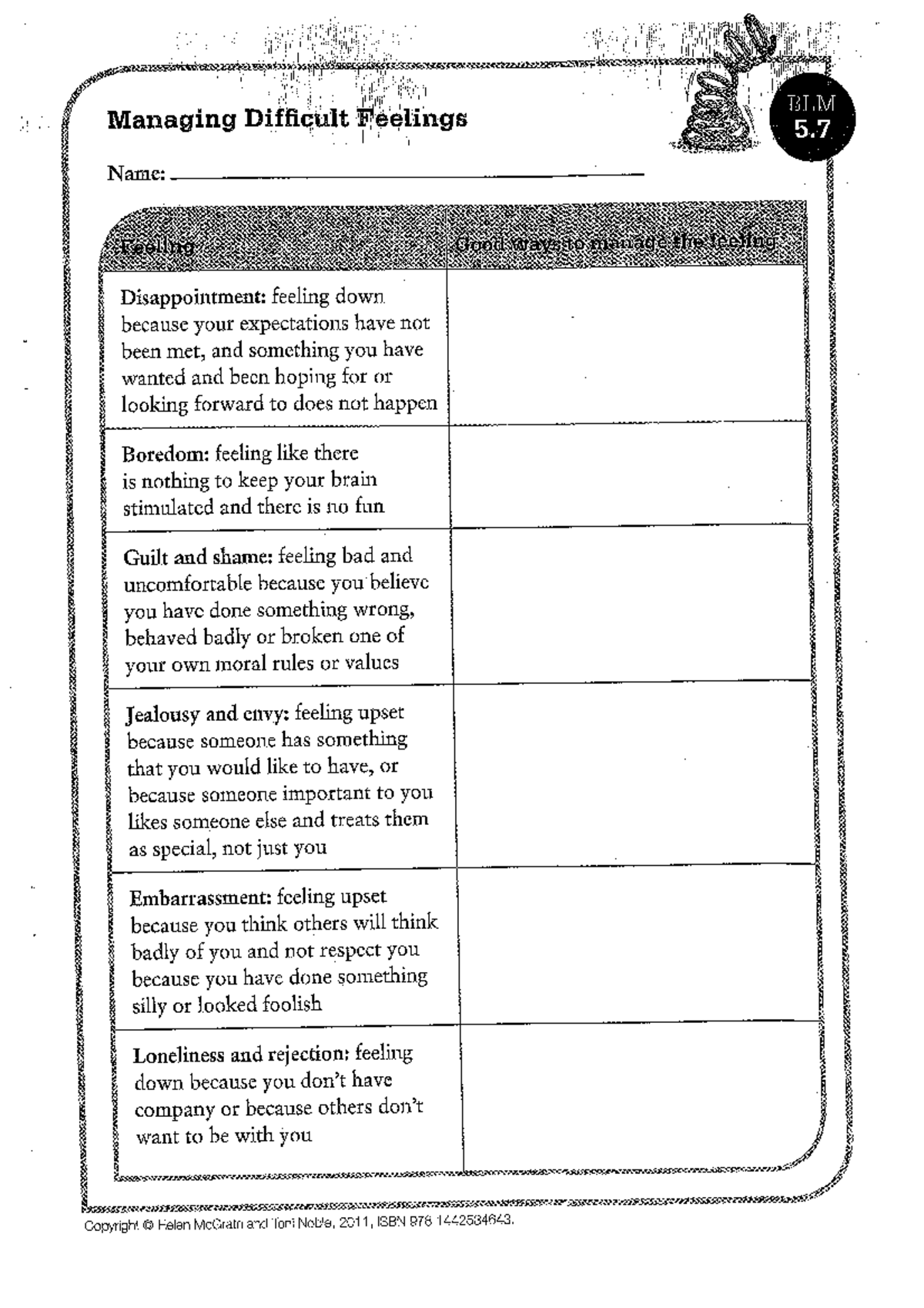 BLM 5.7: Managing Difficult Feelings - Worksheet for Week 8 - Studocu