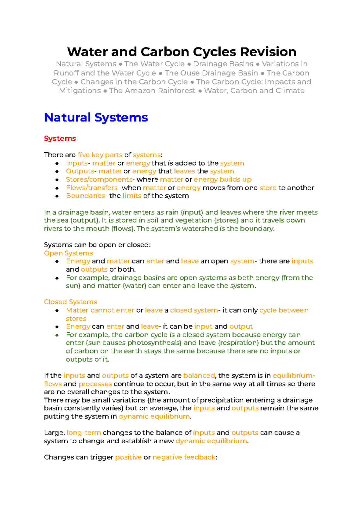 AQA A Level Geography: Detailed Notes on Water & Carbon Cycles - Studocu