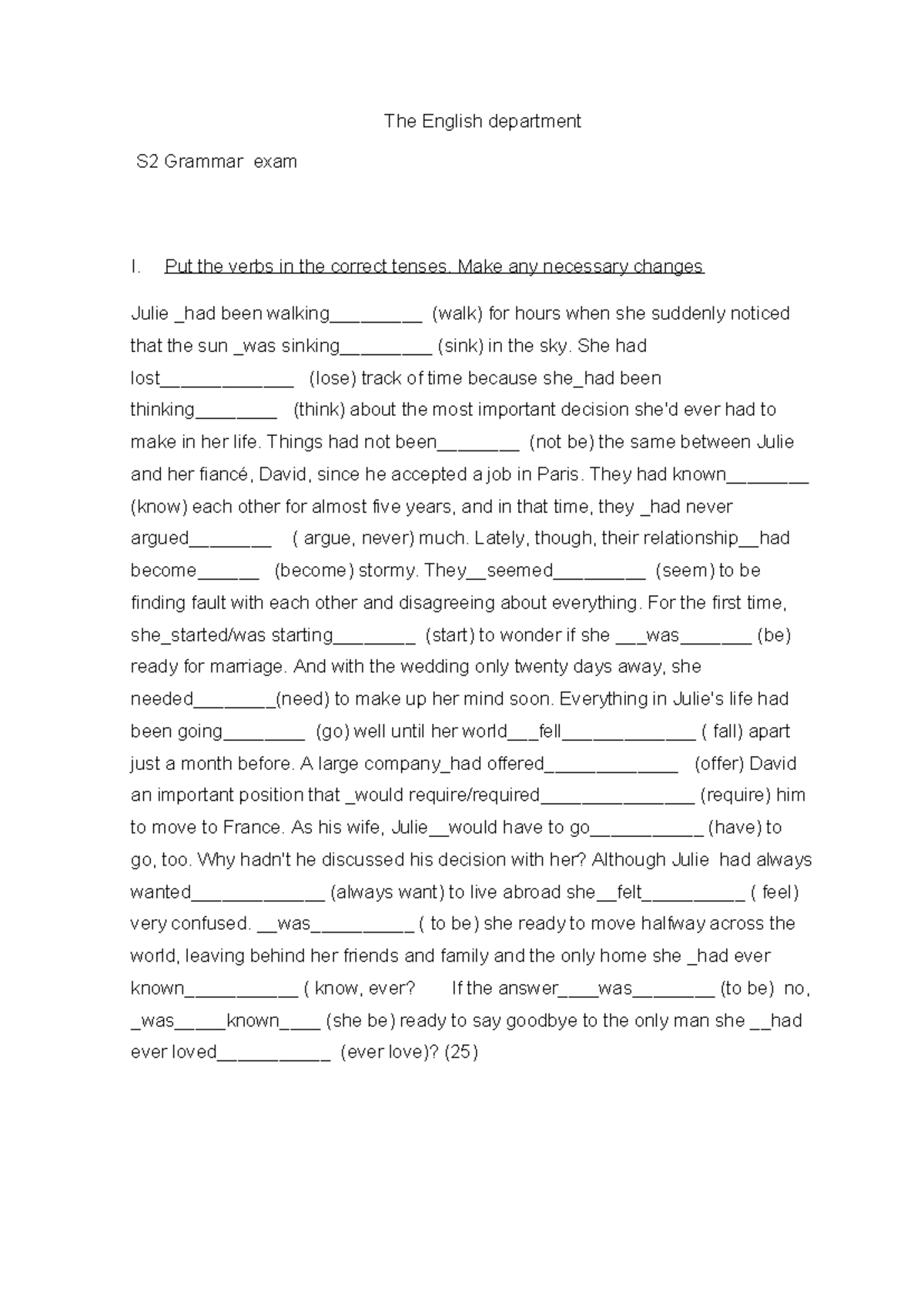 S2 Grammar Exam Correction: Verb Tenses and Context - Studocu
