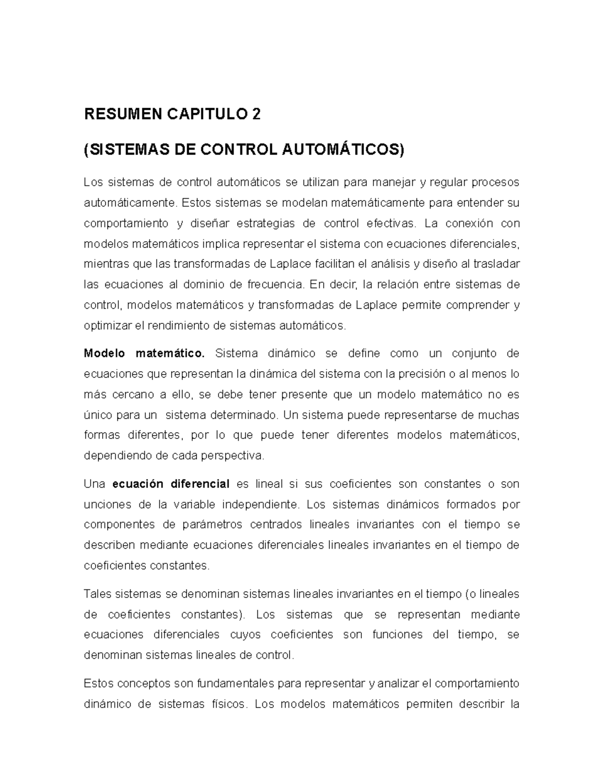 Sistemas DE Control 2 - RESUMEN CAPITULO 2 (SISTEMAS DE CONTROL AUTOMÁTICOS) Los sistemas de ...