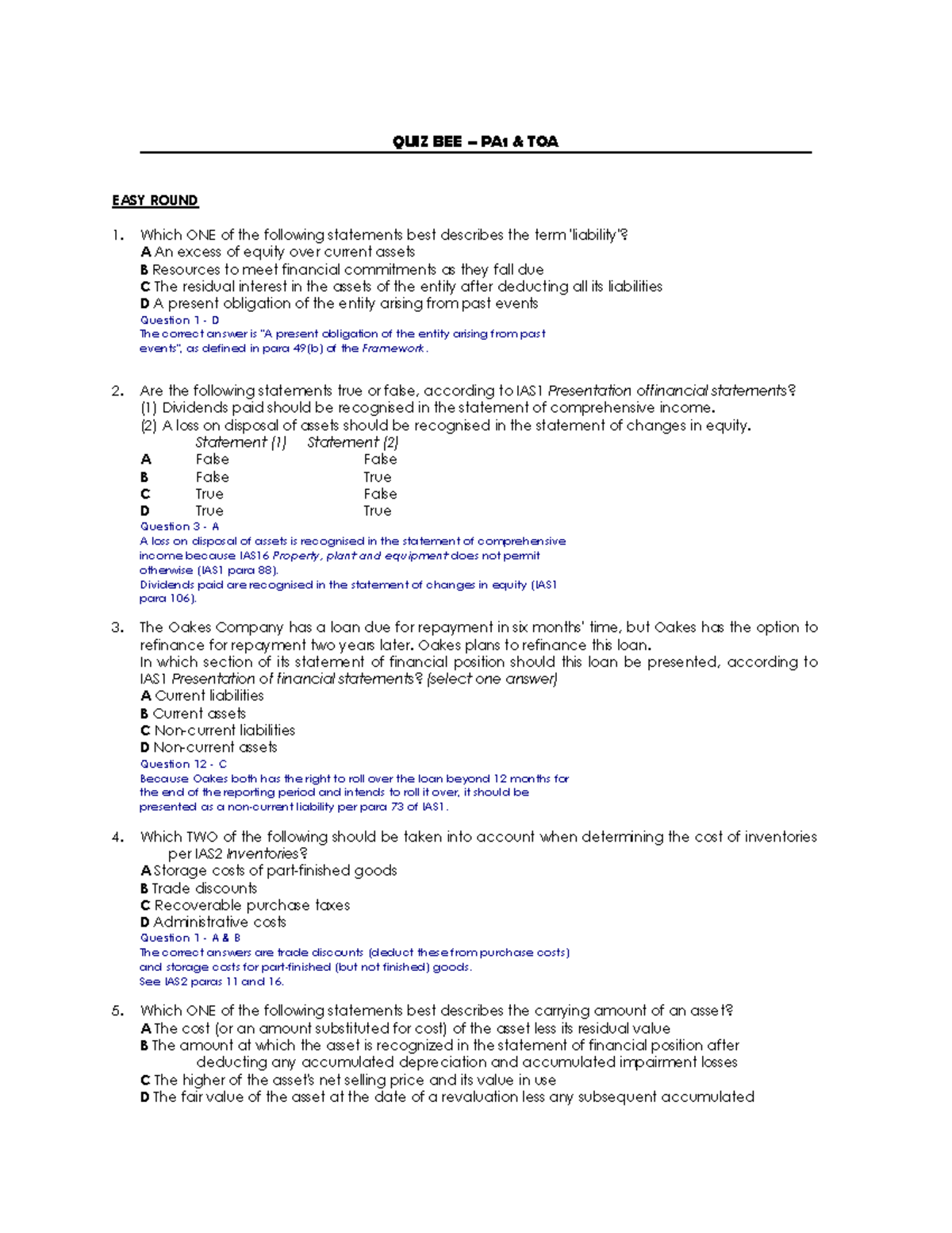 FAR Quiz BEE – PA1 & TOA Review Questions and Answers - Studocu