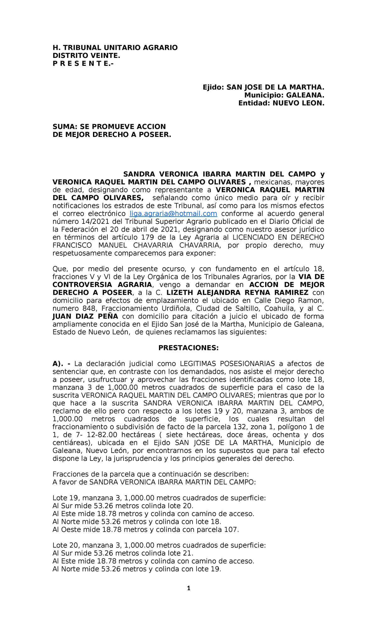 Demanda Agraria de Mejor Derecho a Poseer - Ejido San José de la Martha ...