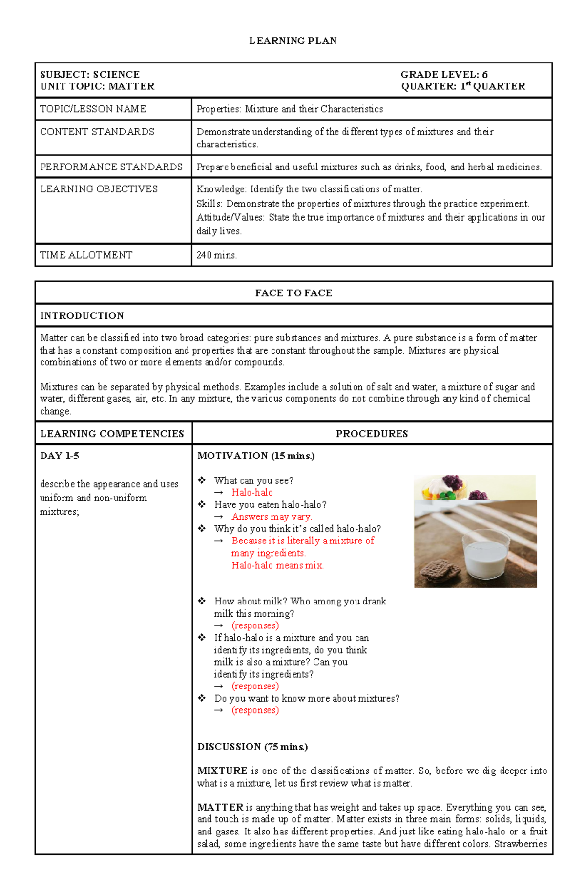 Grade 6 Science Learning Plan: Mixtures & Their Properties - Studocu