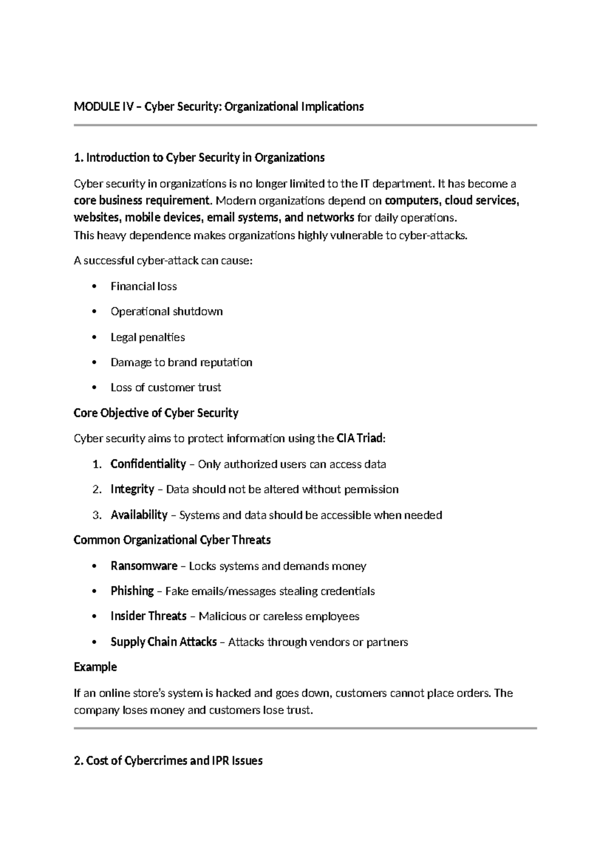 MODULE IV Cyber Security: Org Implications & Threats Analysis - Studocu