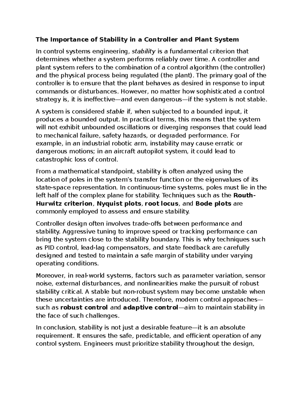 The Importance of Stability in a Controller and Plant System - A ...