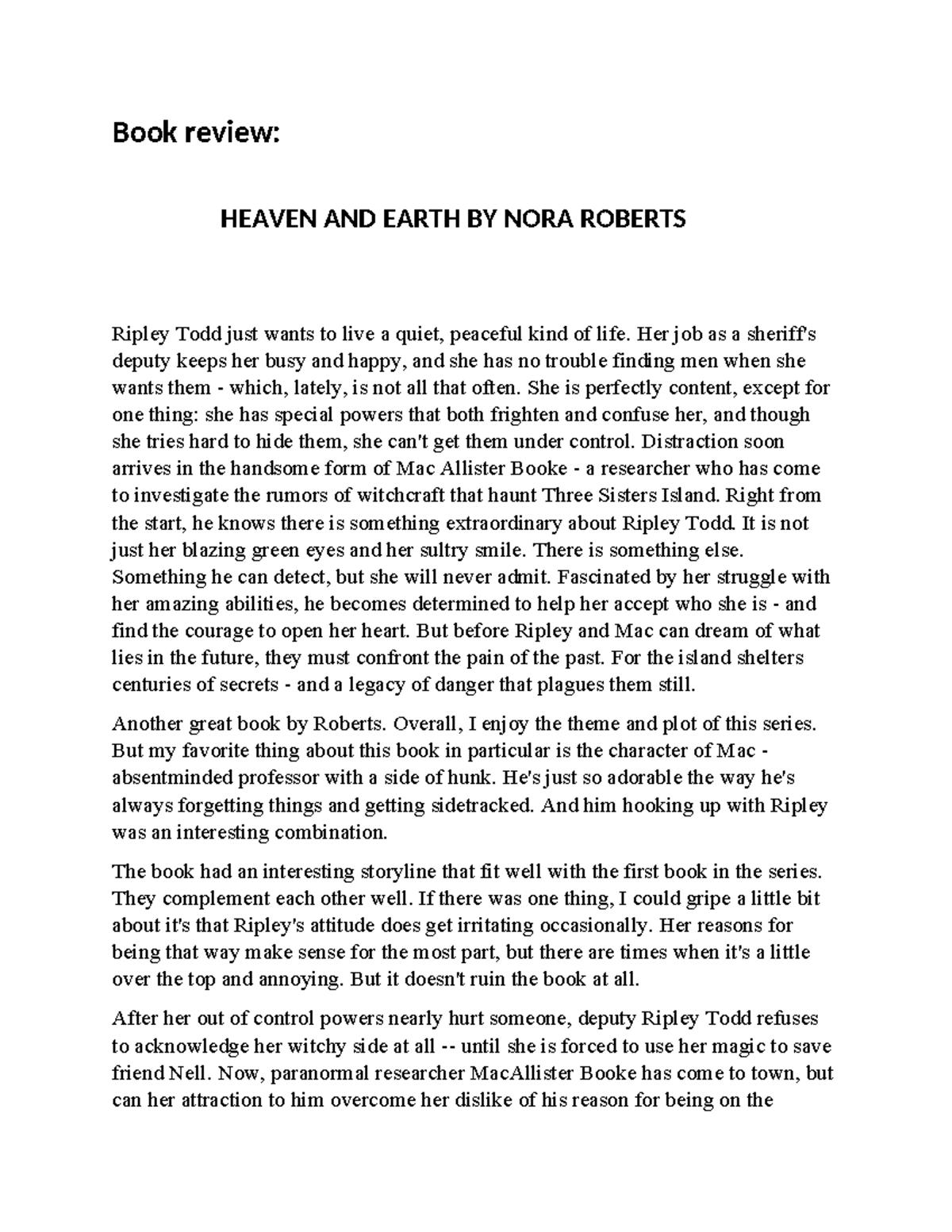 Book Review Notes: Heaven and Earth by Nora Roberts - Studocu