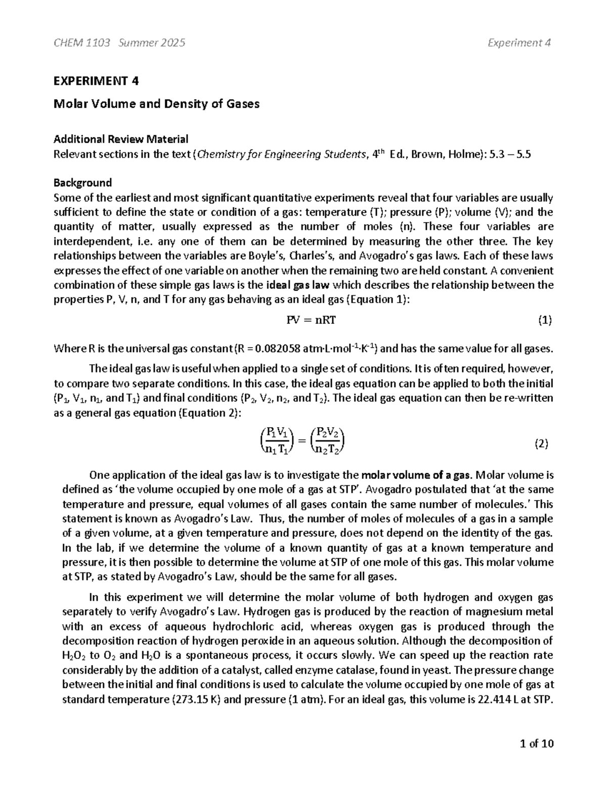 CHEM 1103 Summer 2025 Experiment 4: Molar Volume & Density of Gases ...
