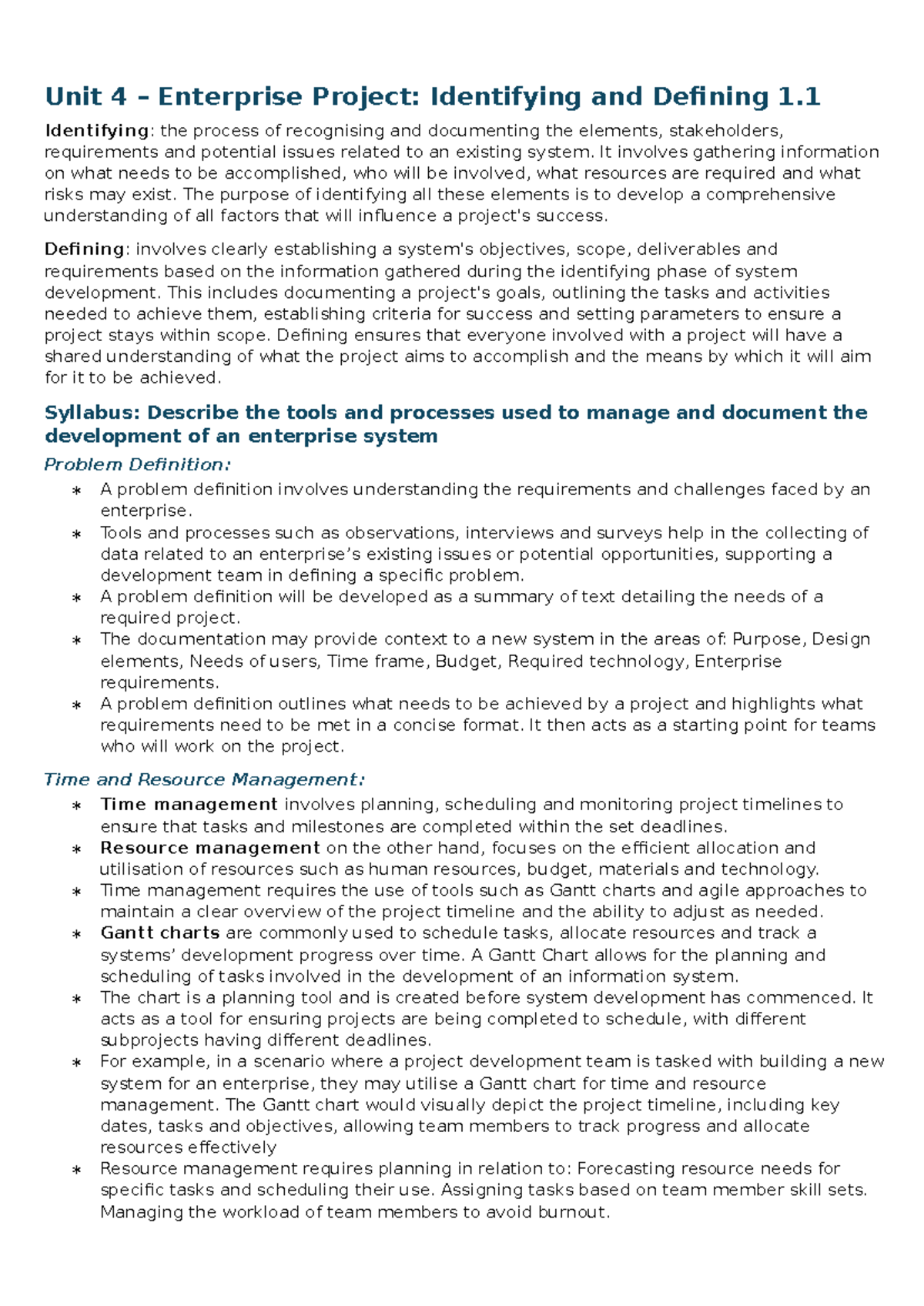 Unit 4 Enterprise Project: Identifying and Defining Notes (Chapters 1 ...