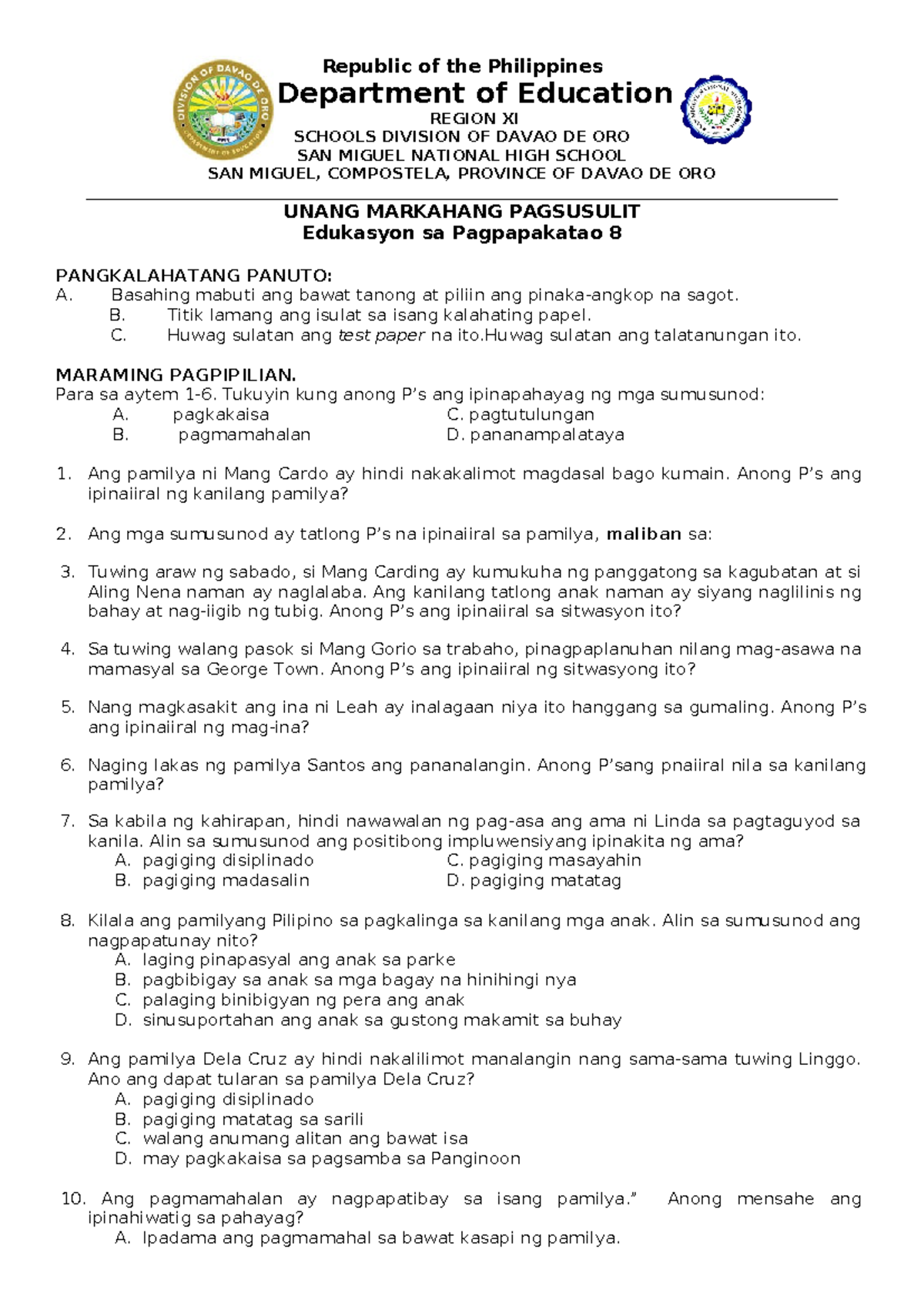 First Quarter EXAM ESP 8 SY 2023-2024 - Republic of the Philippines ...