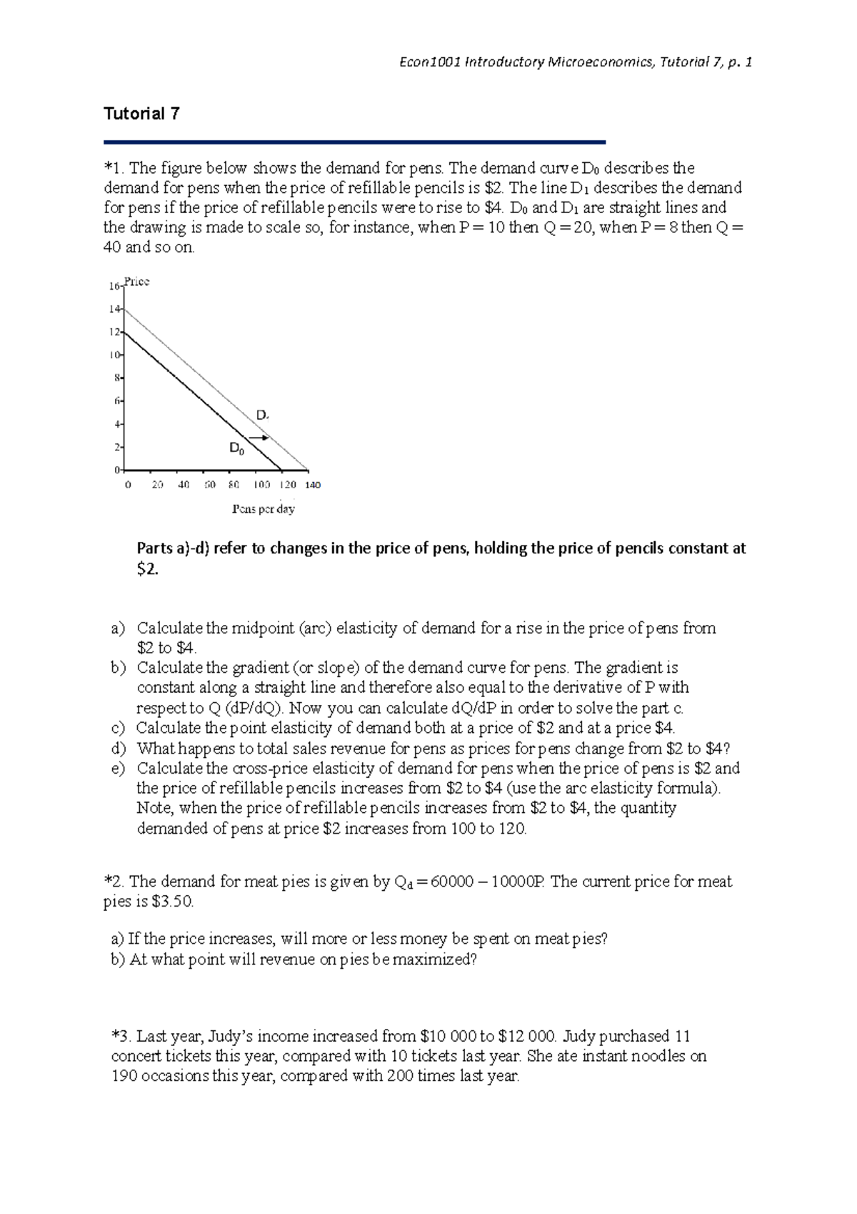 Econ1001 Microeconomics Tutorial 07: Demand Curves & Elasticity ...