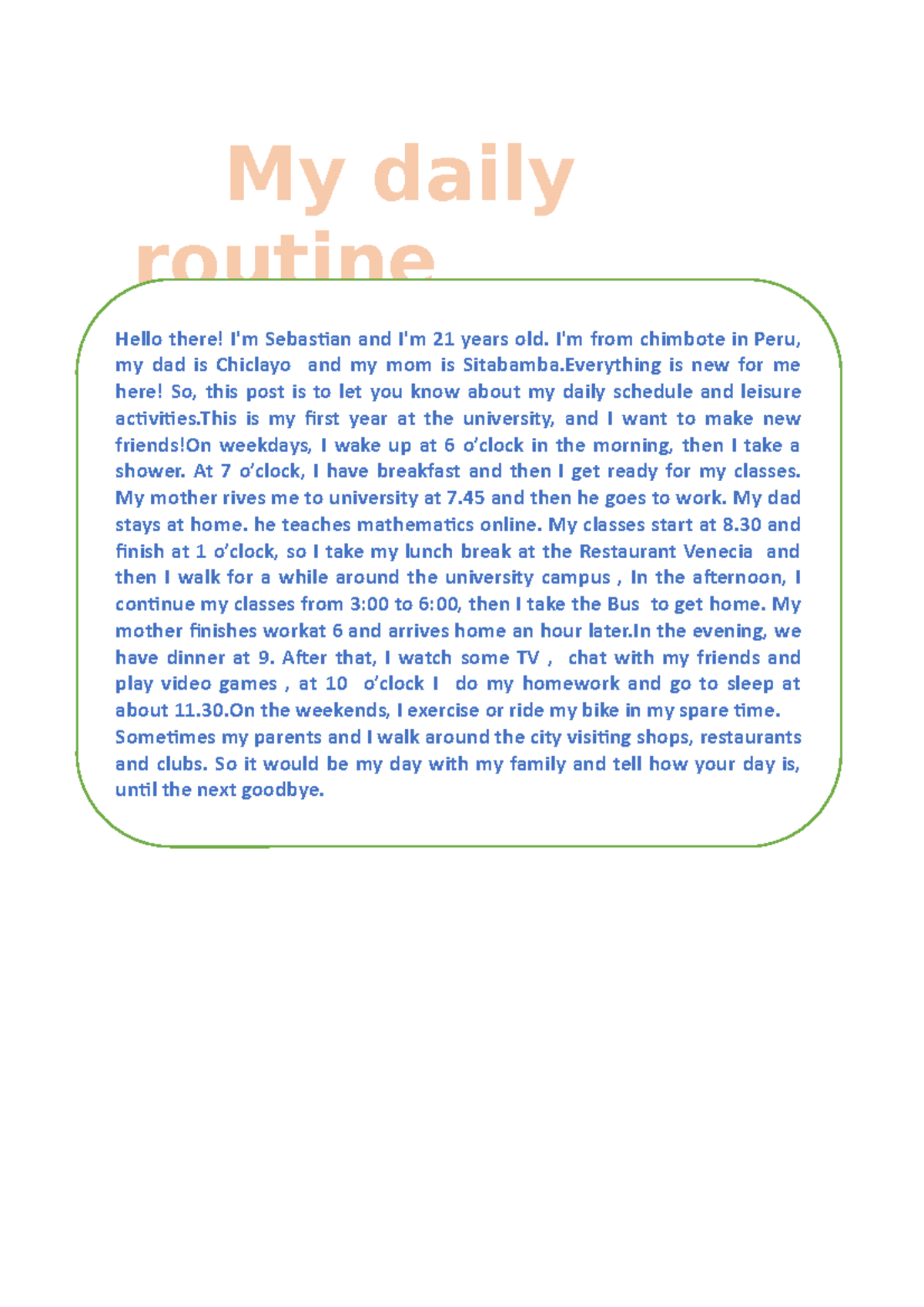 My daily routine- semana 13 - Ingles - UTP - Studocu